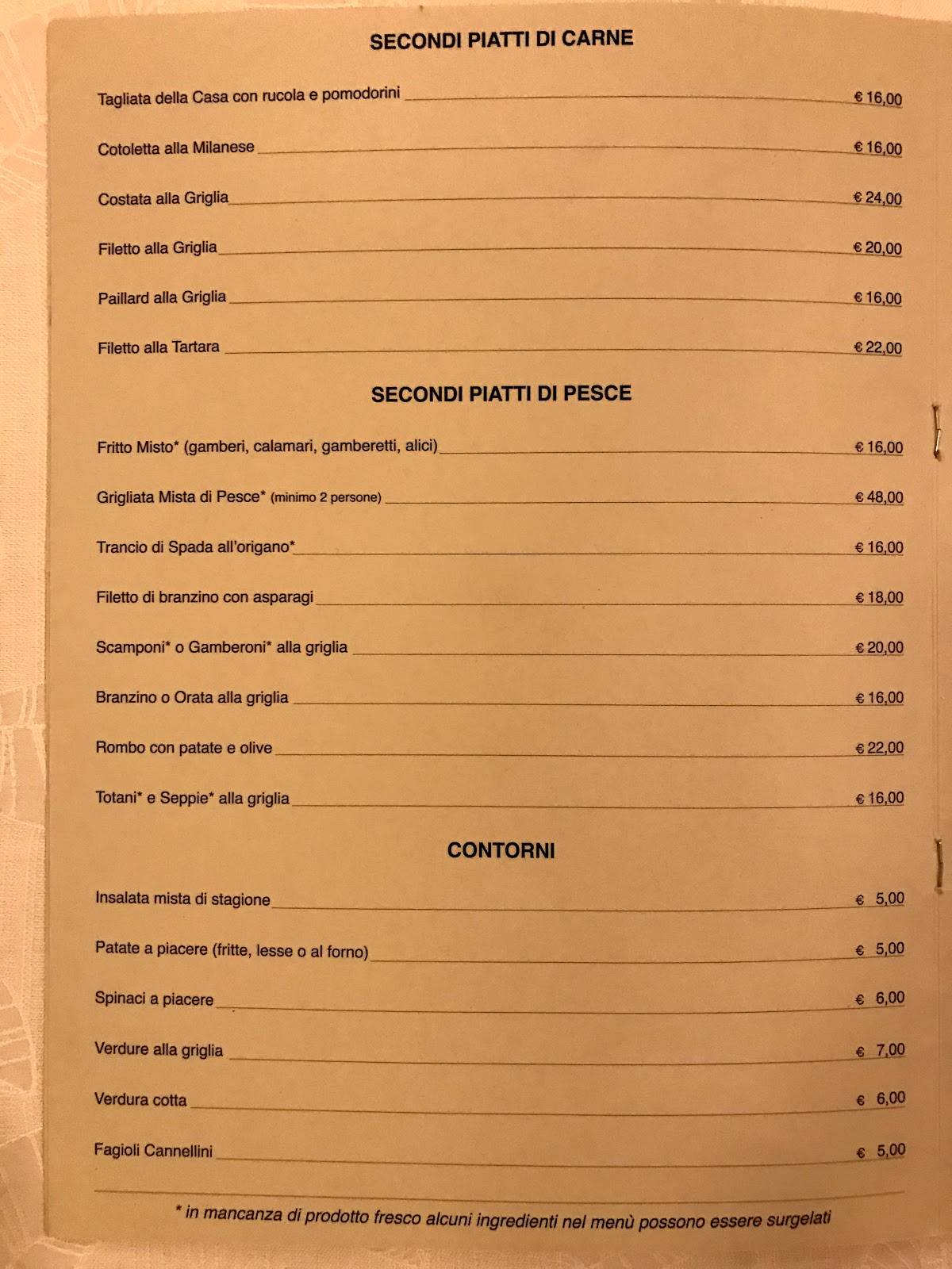 Menu at Time Out Isola restaurant, Milan