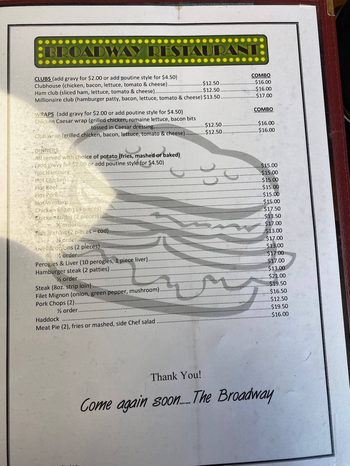 Menu at Broadway Restaurant, Timmins