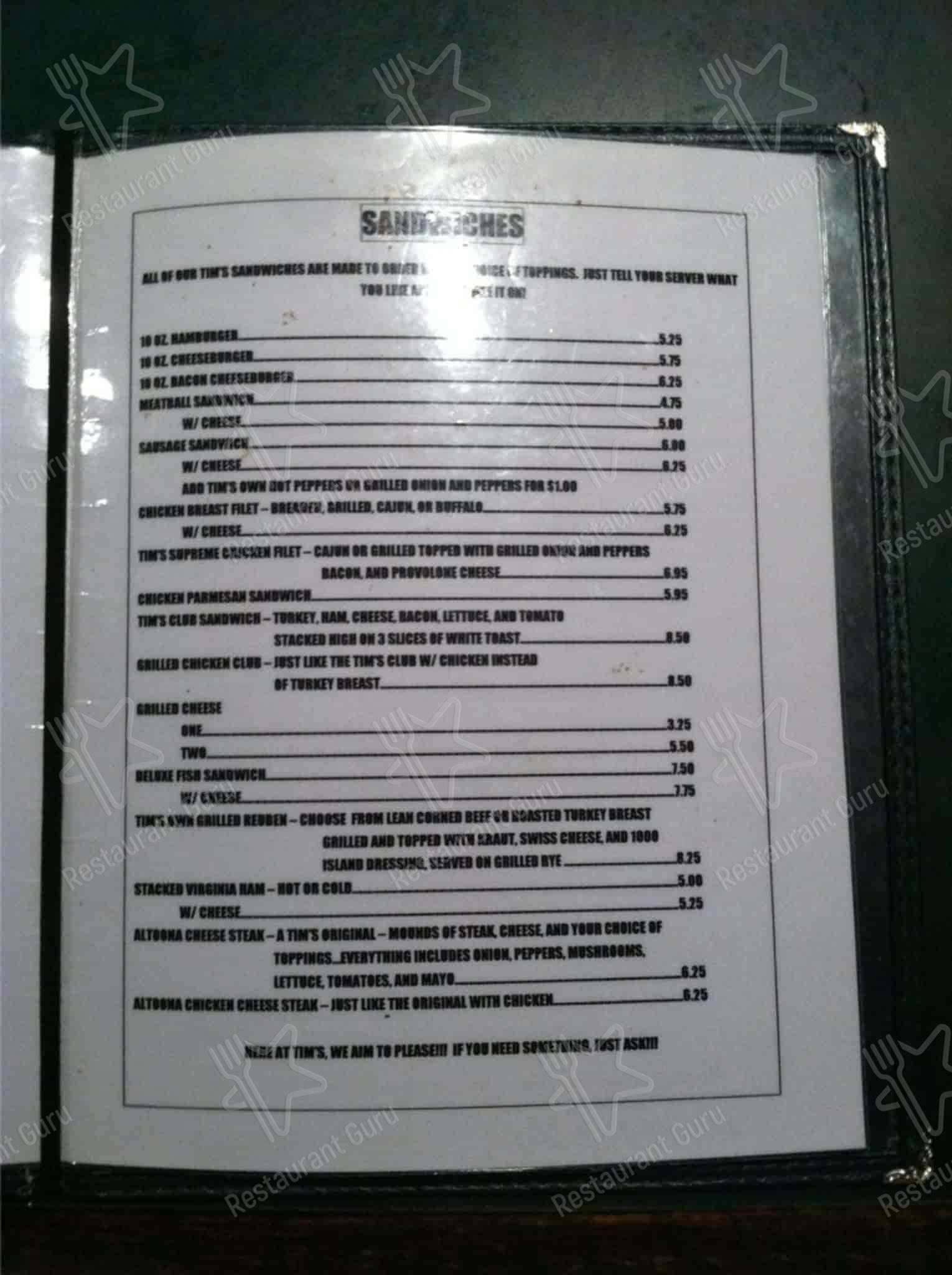 Menu at Tim's American Cafe, Altoona