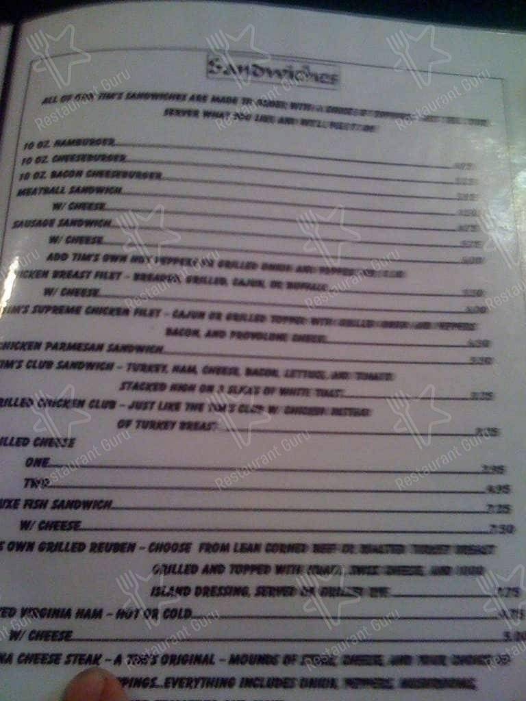 Menu at Tim's American Cafe, Altoona