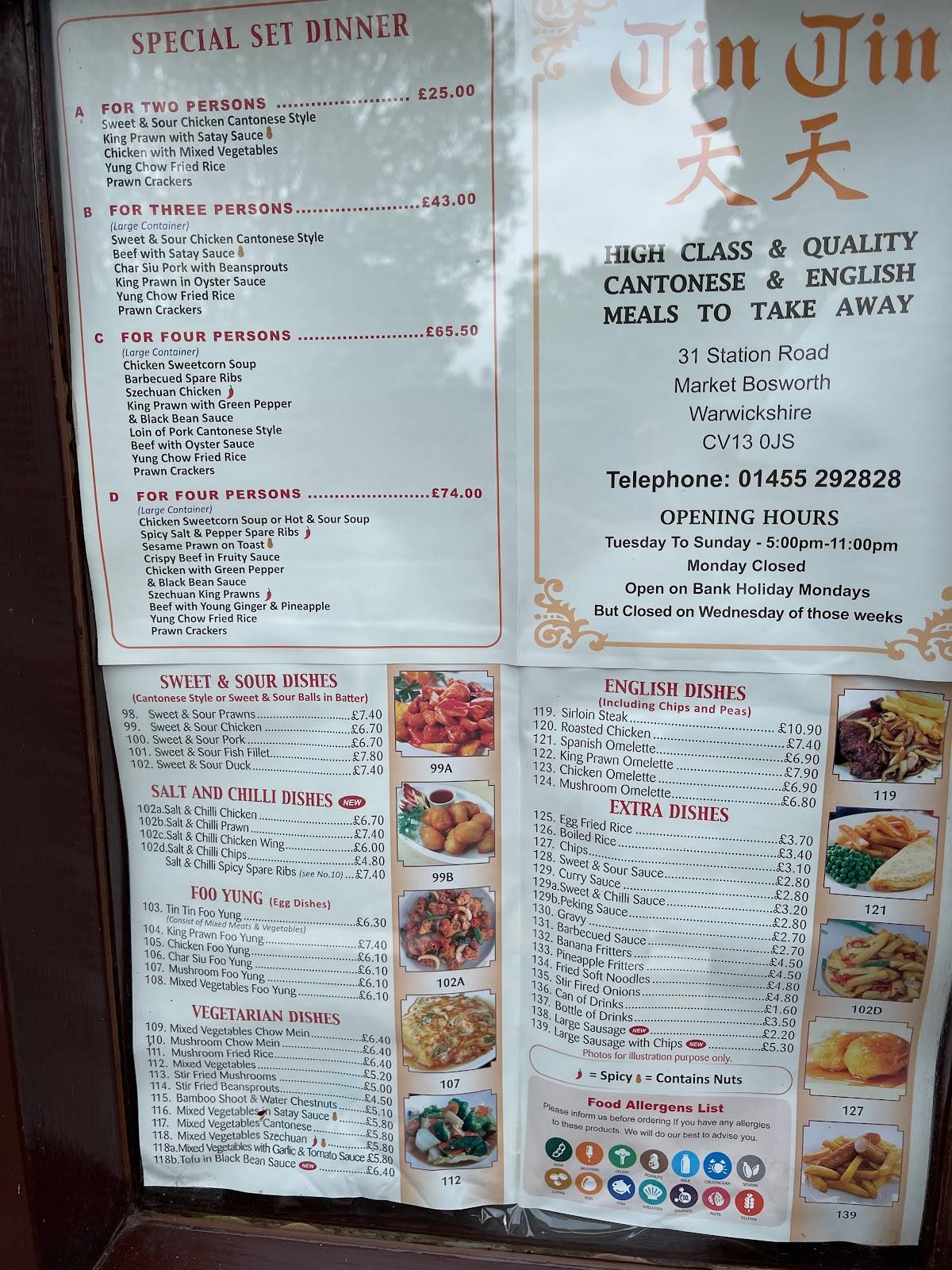 Menu at Tin Tin Cantonese Takeaway restaurant, Barlestone