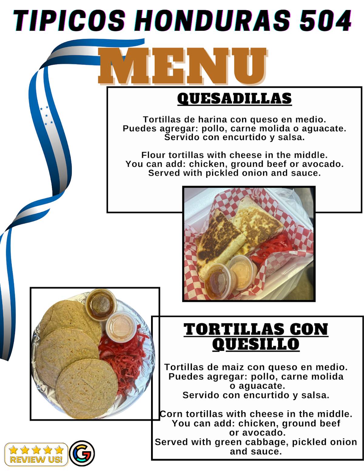 Menu at Típicos Honduras 504 restaurant, Fort Walton Beach