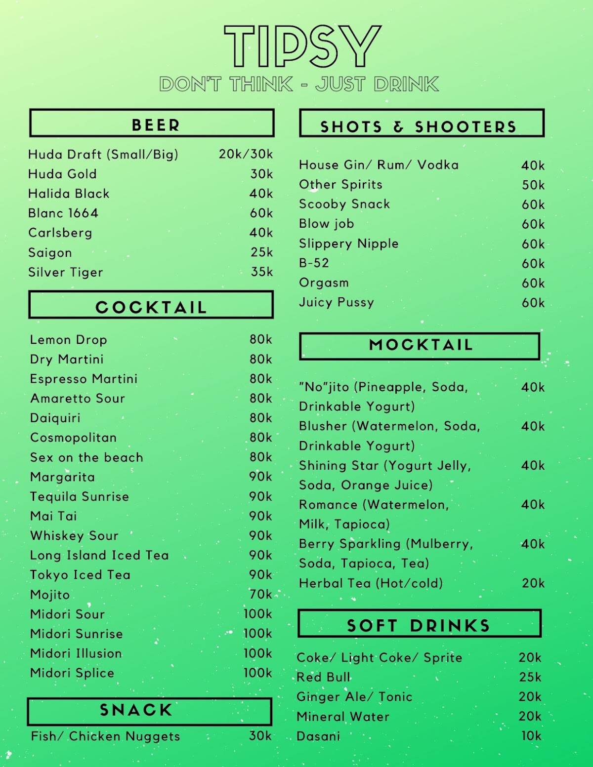 Menu at Tipsy Danang pub & bar, Da Nang