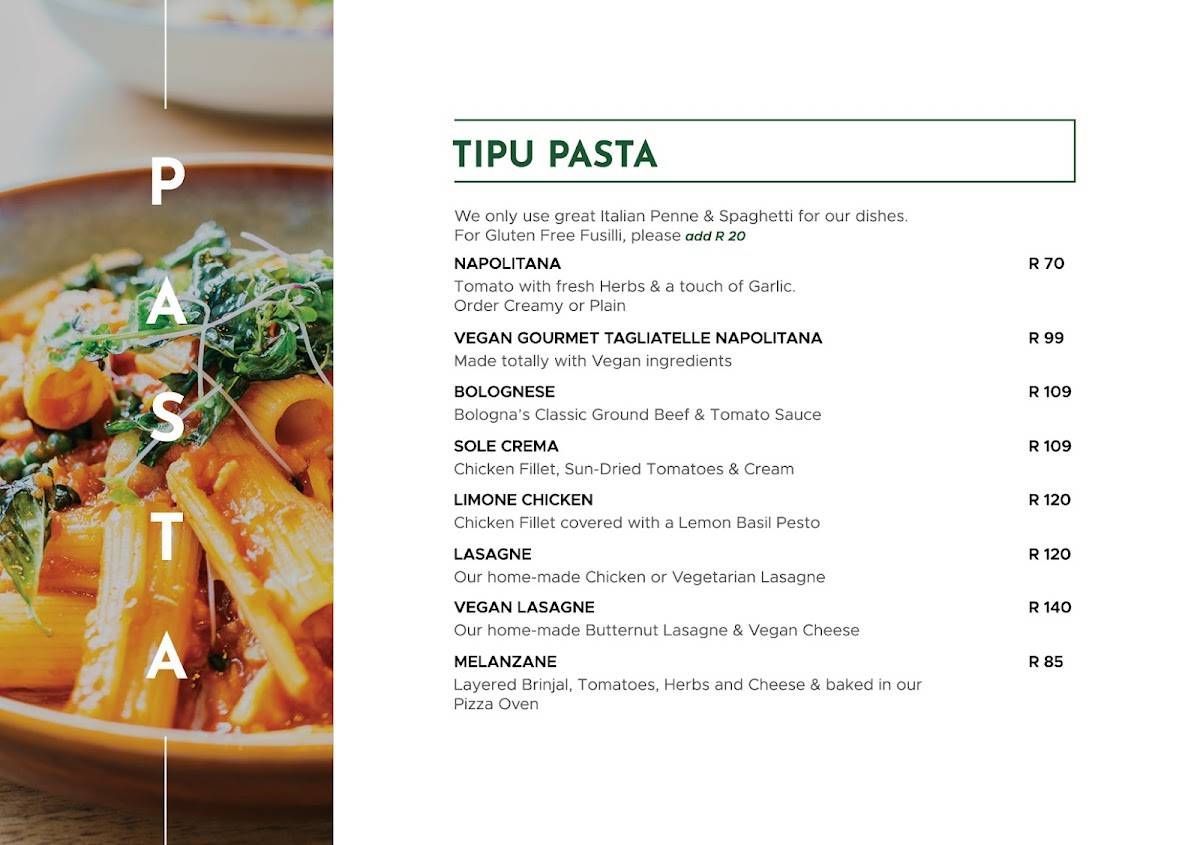 Menu at Tipu Cafe, Johannesburg