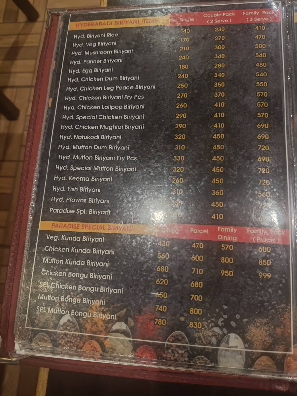 Menu at Spicy Paradise, Tirupati