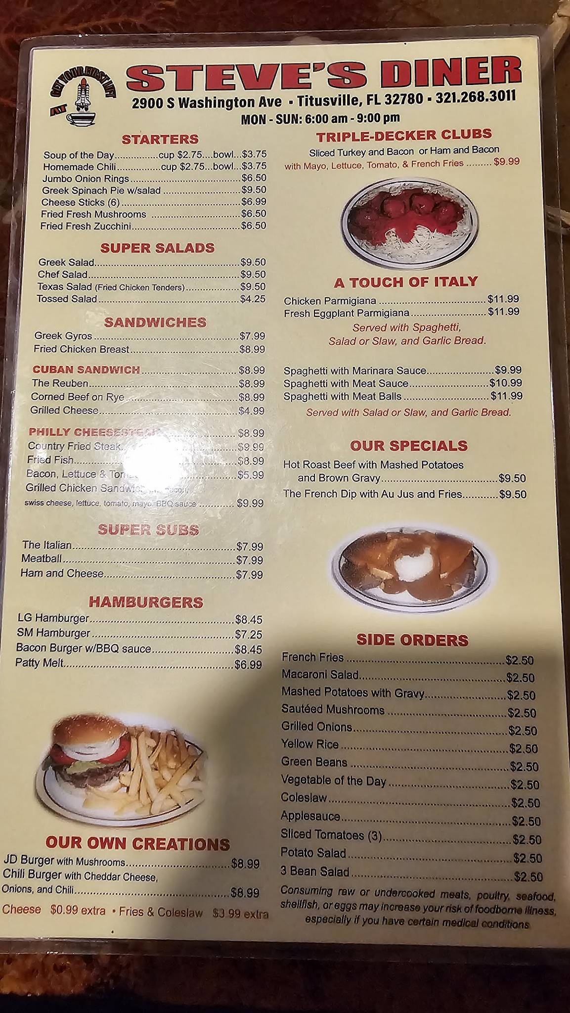 Menu at Steve's Family Diner restaurant, Titusville