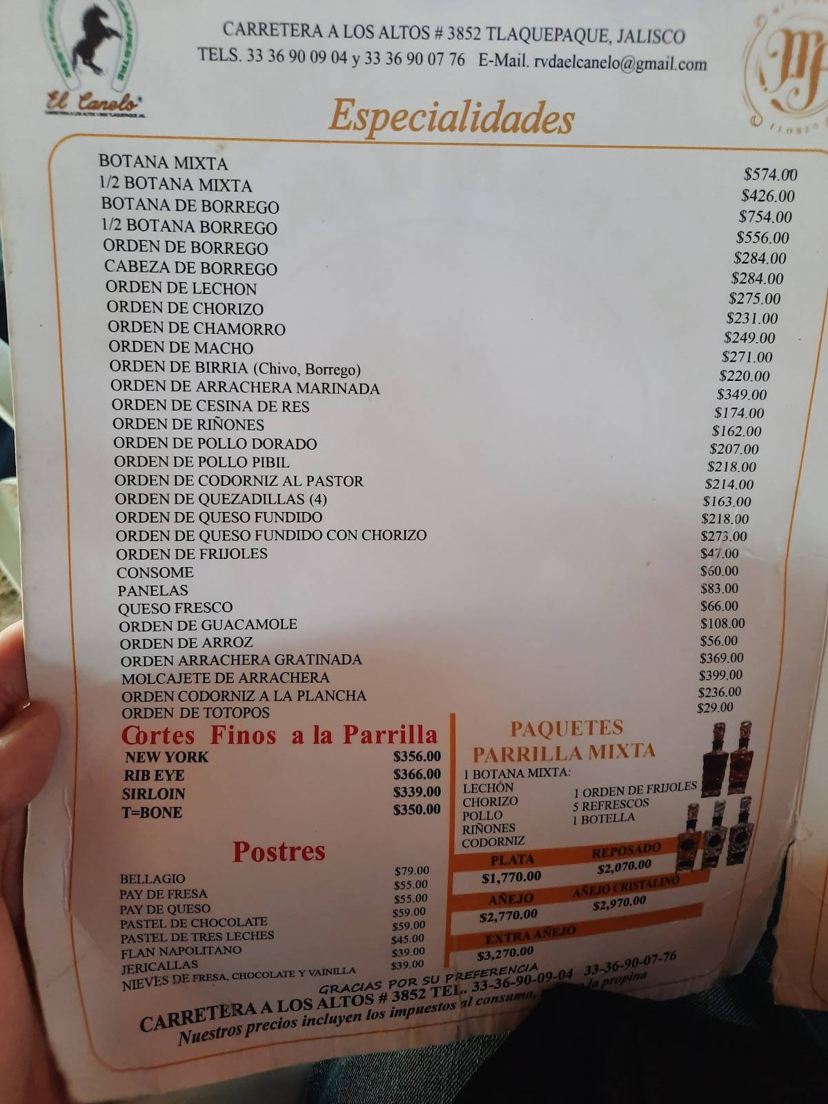 Carta del restaurante El Canelo, San Pedro Tlaquepaque, Carr. libre ...