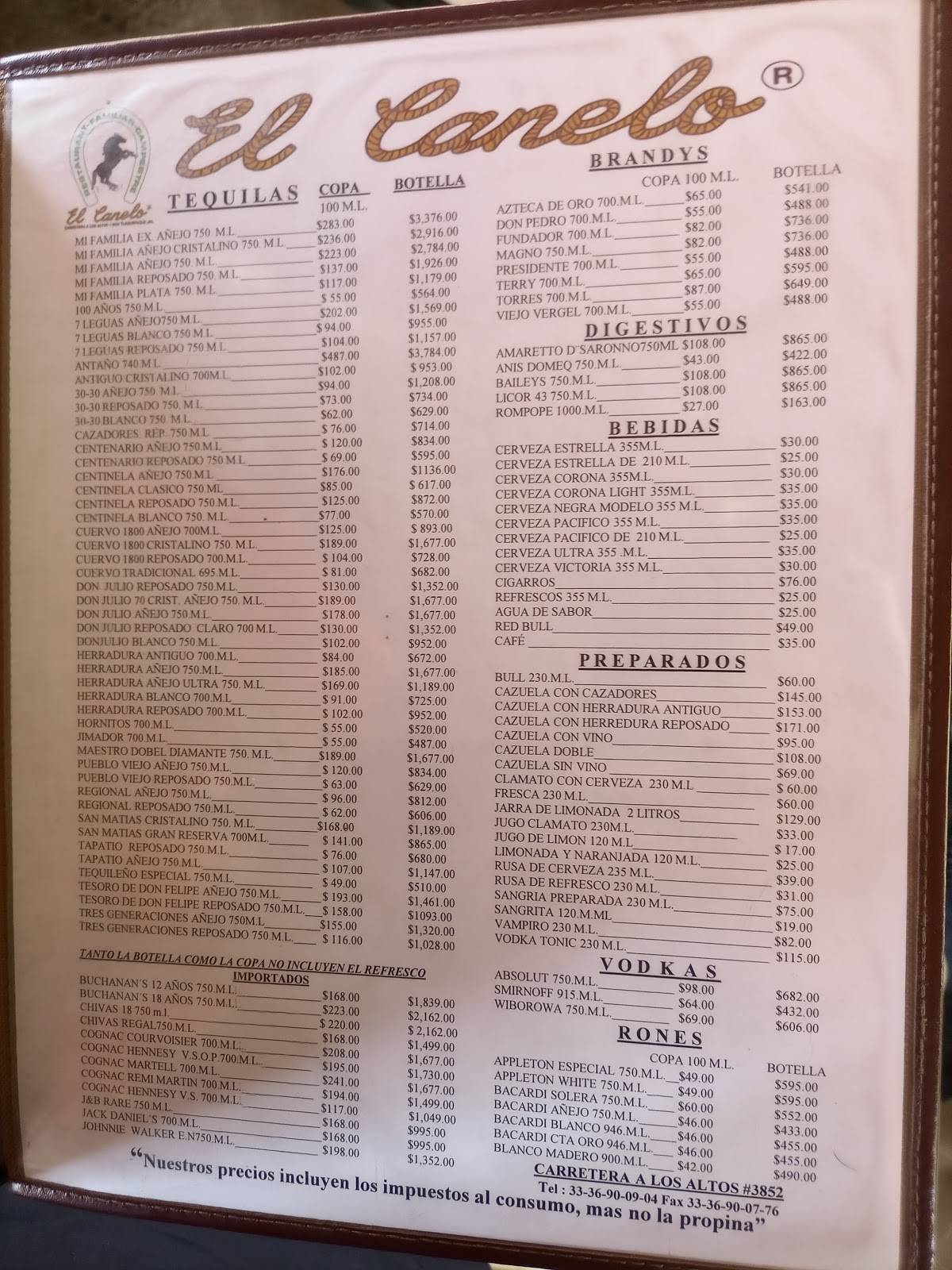 Carta del restaurante El Canelo, San Pedro Tlaquepaque, Carr. libre ...