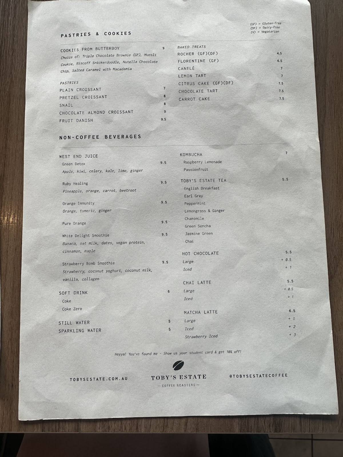 Menu at Toby's Estate Coffee Roasters restaurant, Chippendale, 32-36 ...