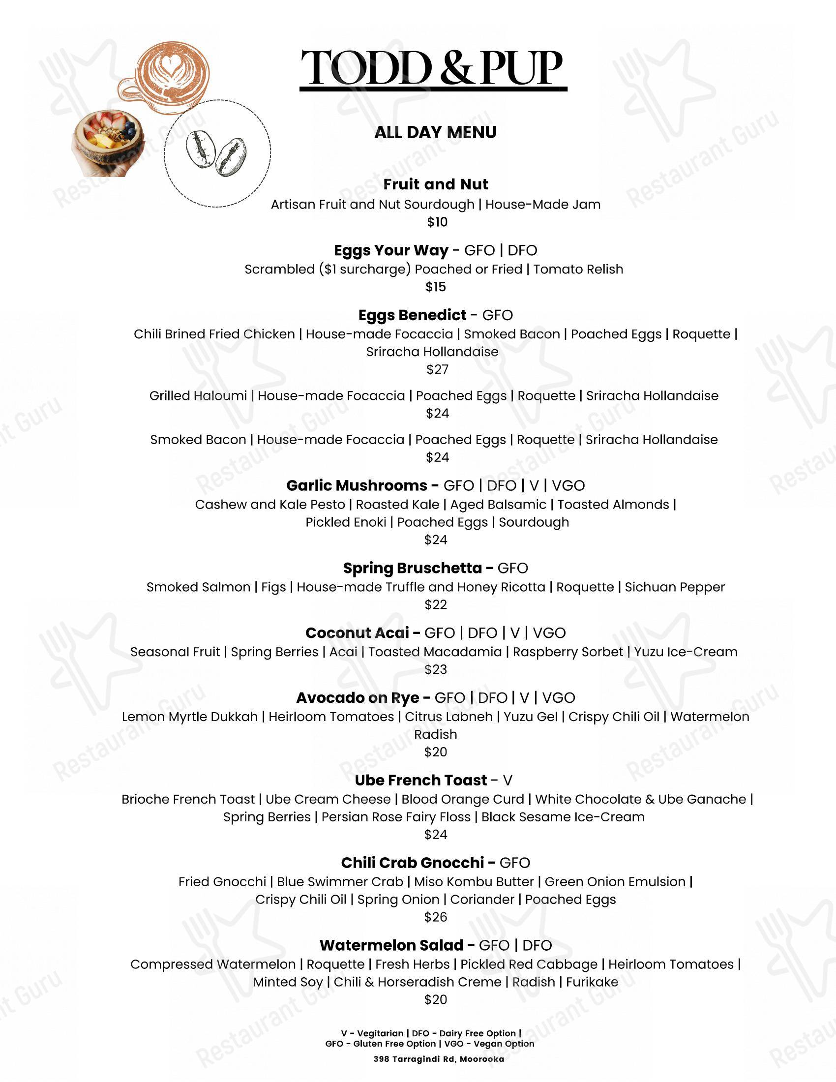 Menu at Todd & Pup cafe, Moorooka