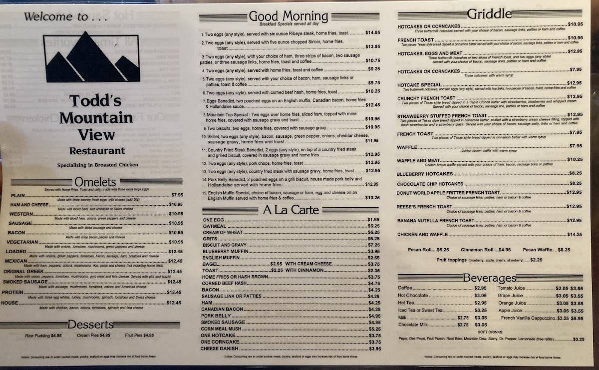 Menu at Todds Mountain View Restaurant, Lancaster