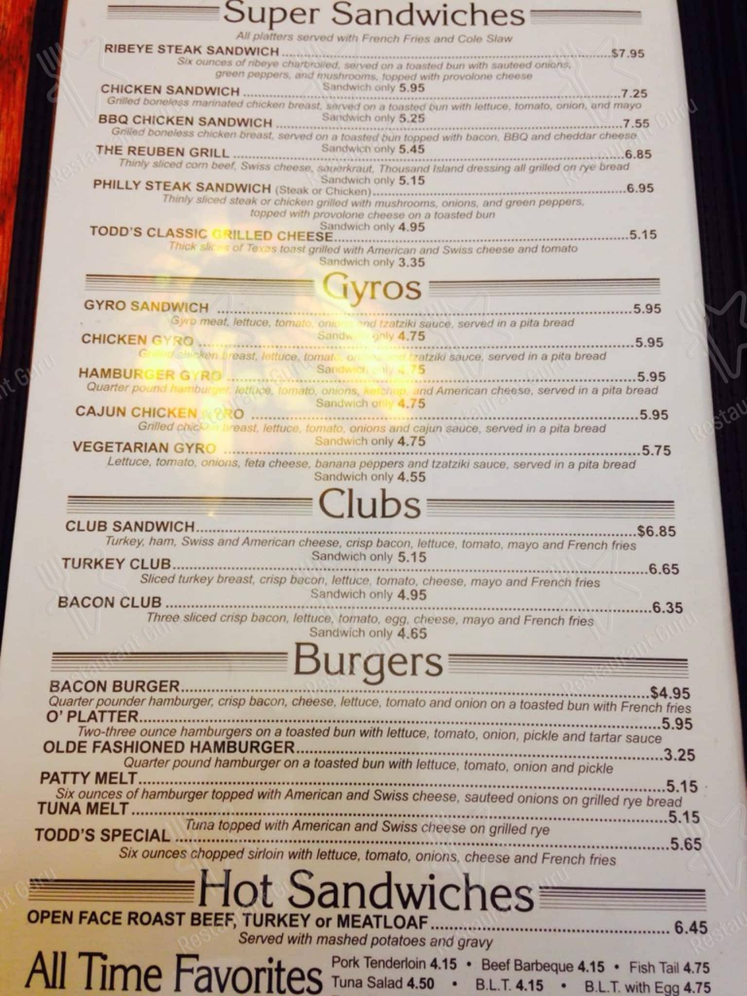 Menu at Todds Mountain View Restaurant, Lancaster