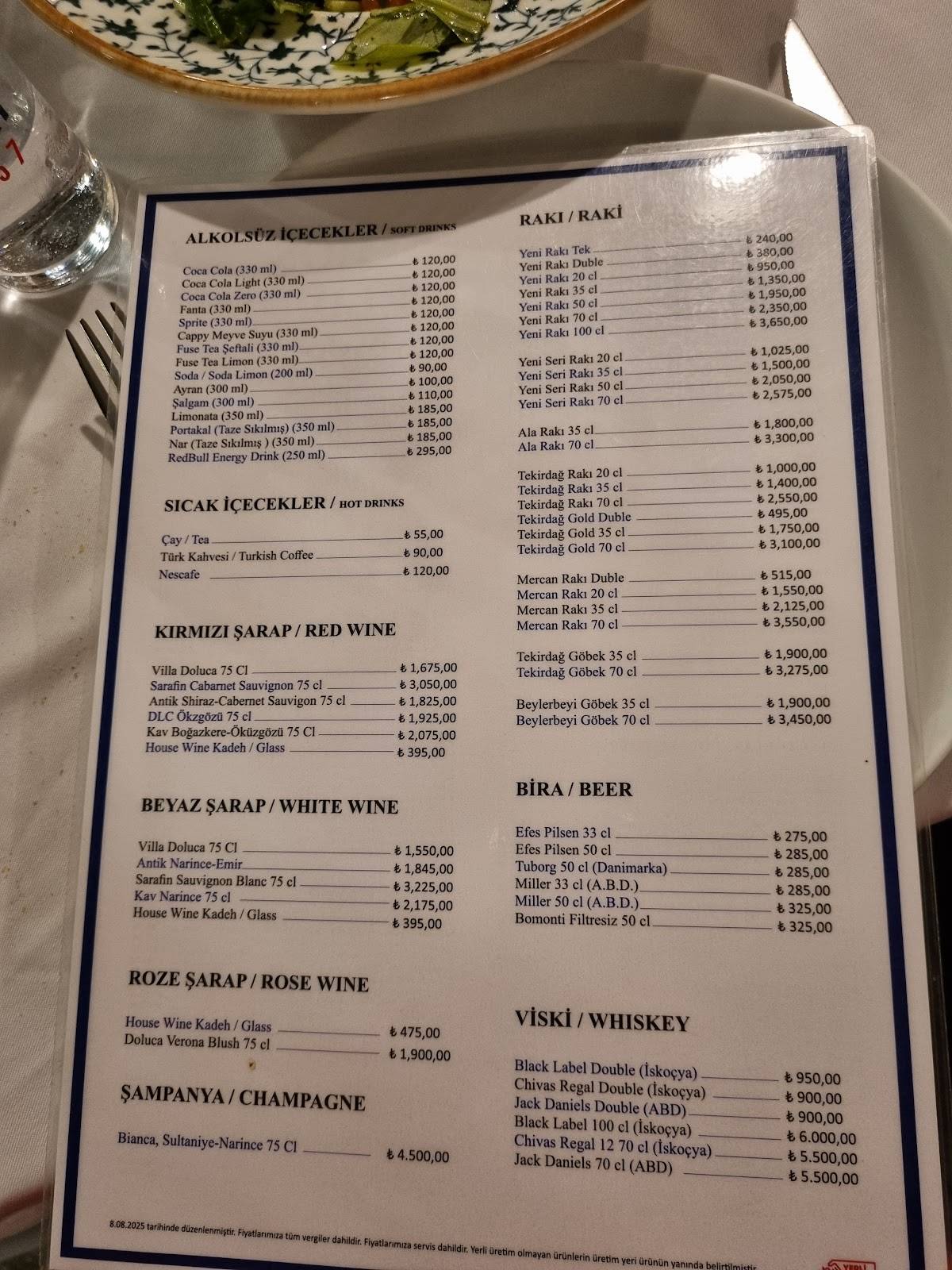 Speisekarte von Todori Fenerbahçe restaurant, Istanbul, Fener Kalamış ...