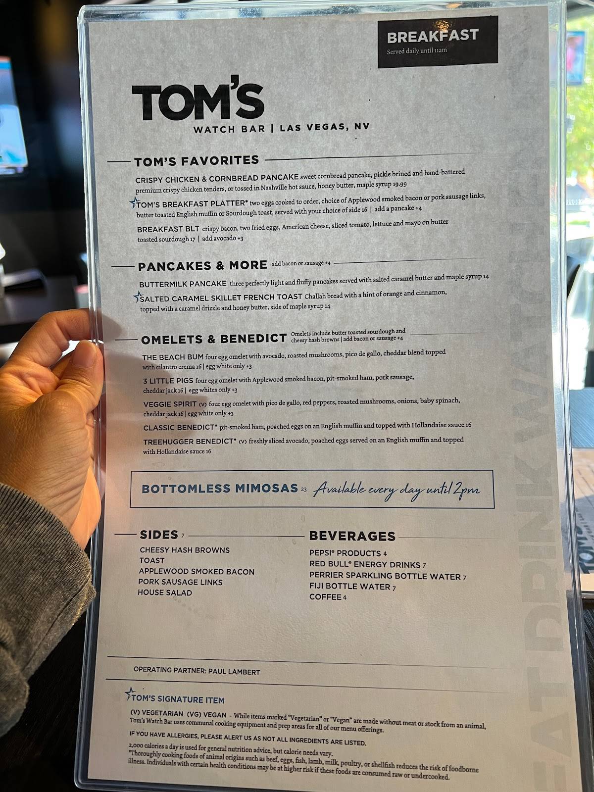 Menu at Tom's Watch Bar, Las Vegas