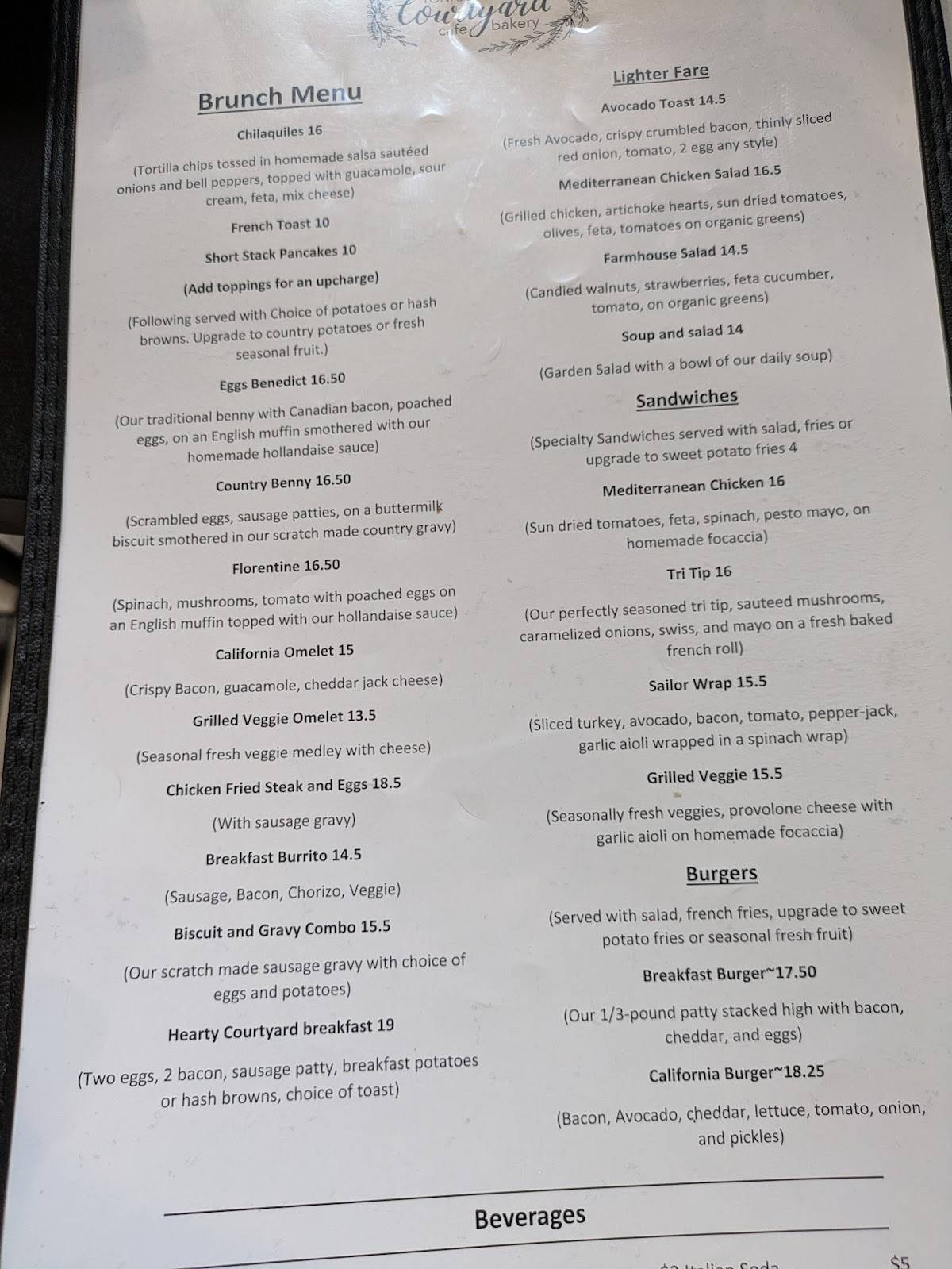 Menu at Toni's Courtyard Café cafe, Merced