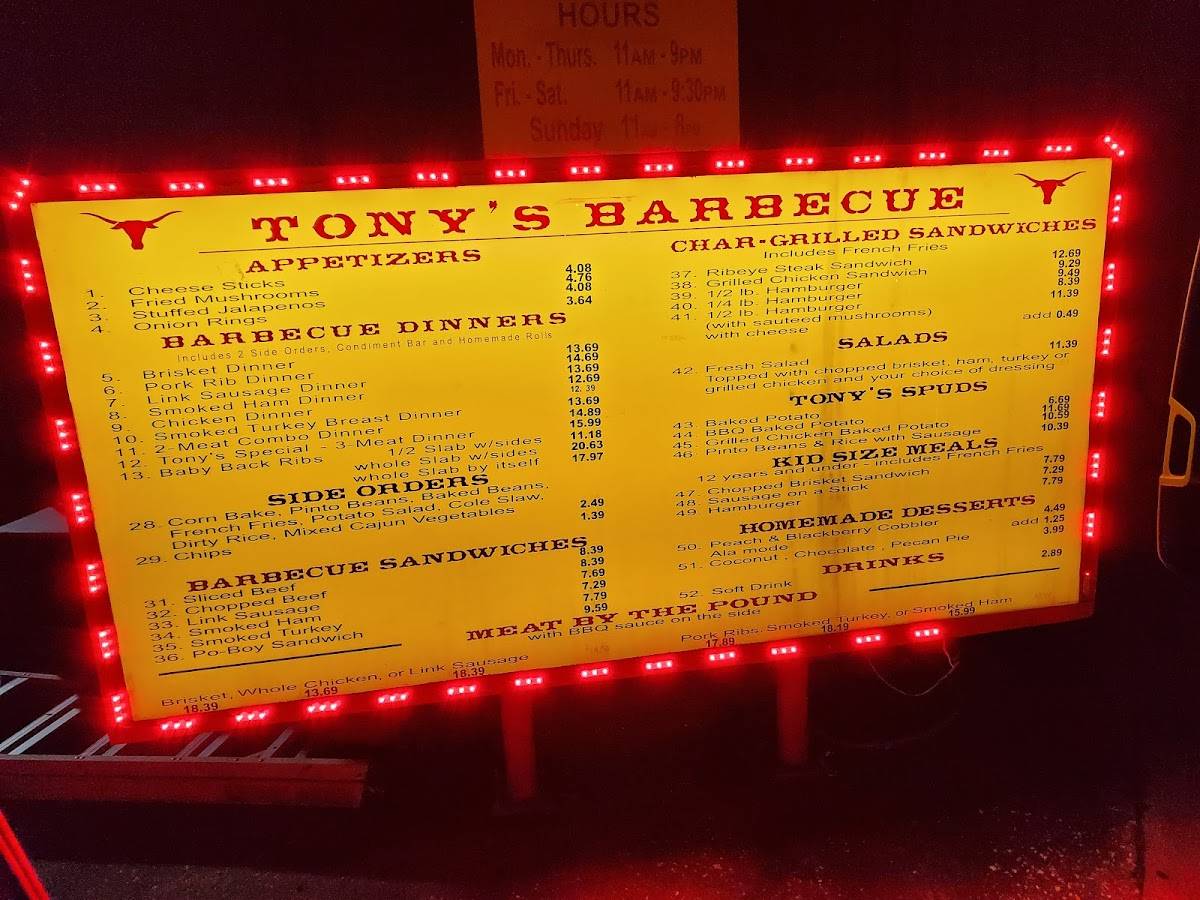 Menu at Tony's BBQ & Steakhouse, Port Arthur