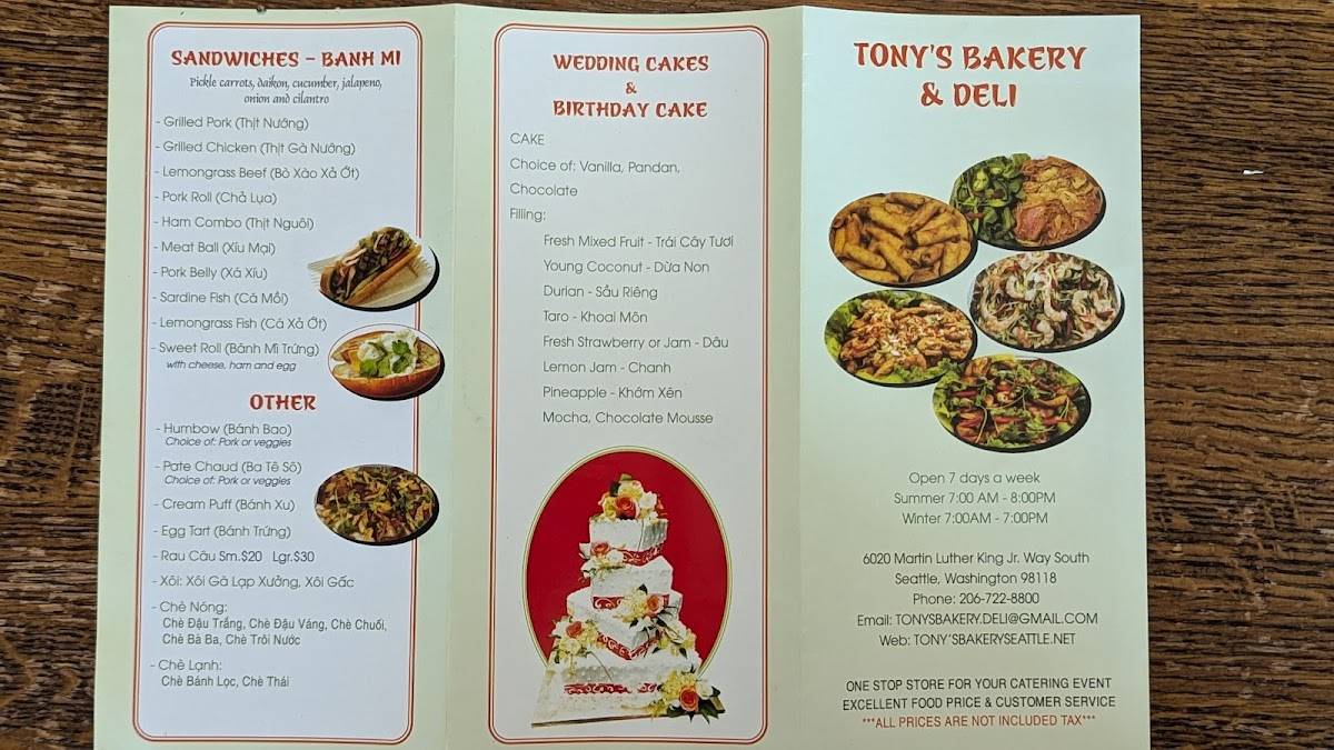 Menu at Tony's Bakery, Seattle