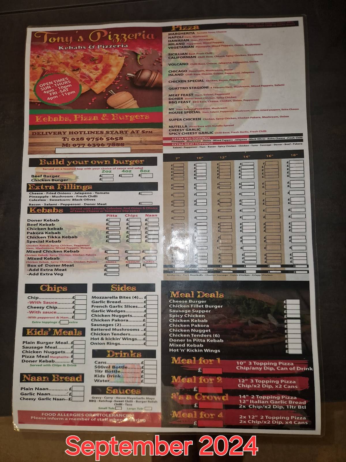 Menu at Tony's pizzeria, Ballynahinch