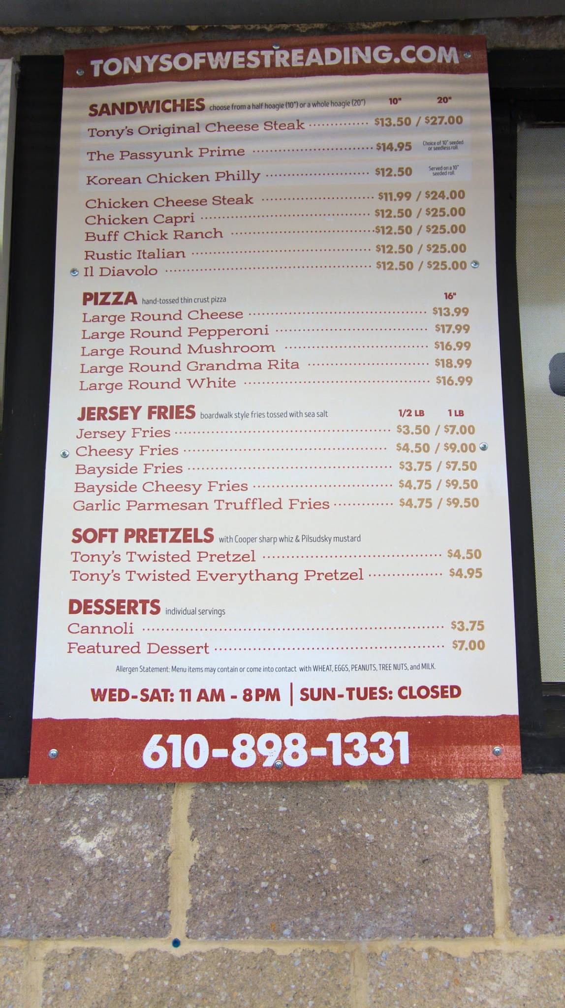 Menu at Tony's of West Reading pizzeria, West Reading