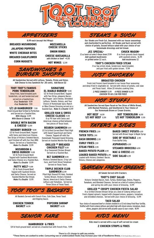 Menu at Toot-Toot Restaurant & Lounge, Bethany