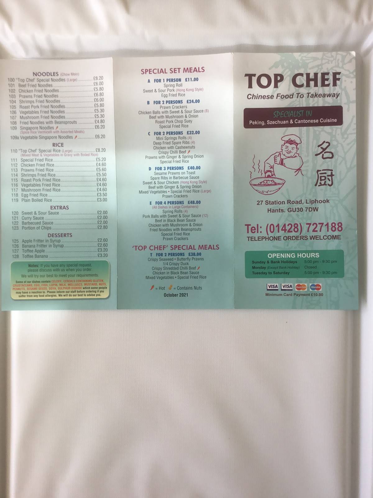 Menu at Top Chef restaurant, Liphook