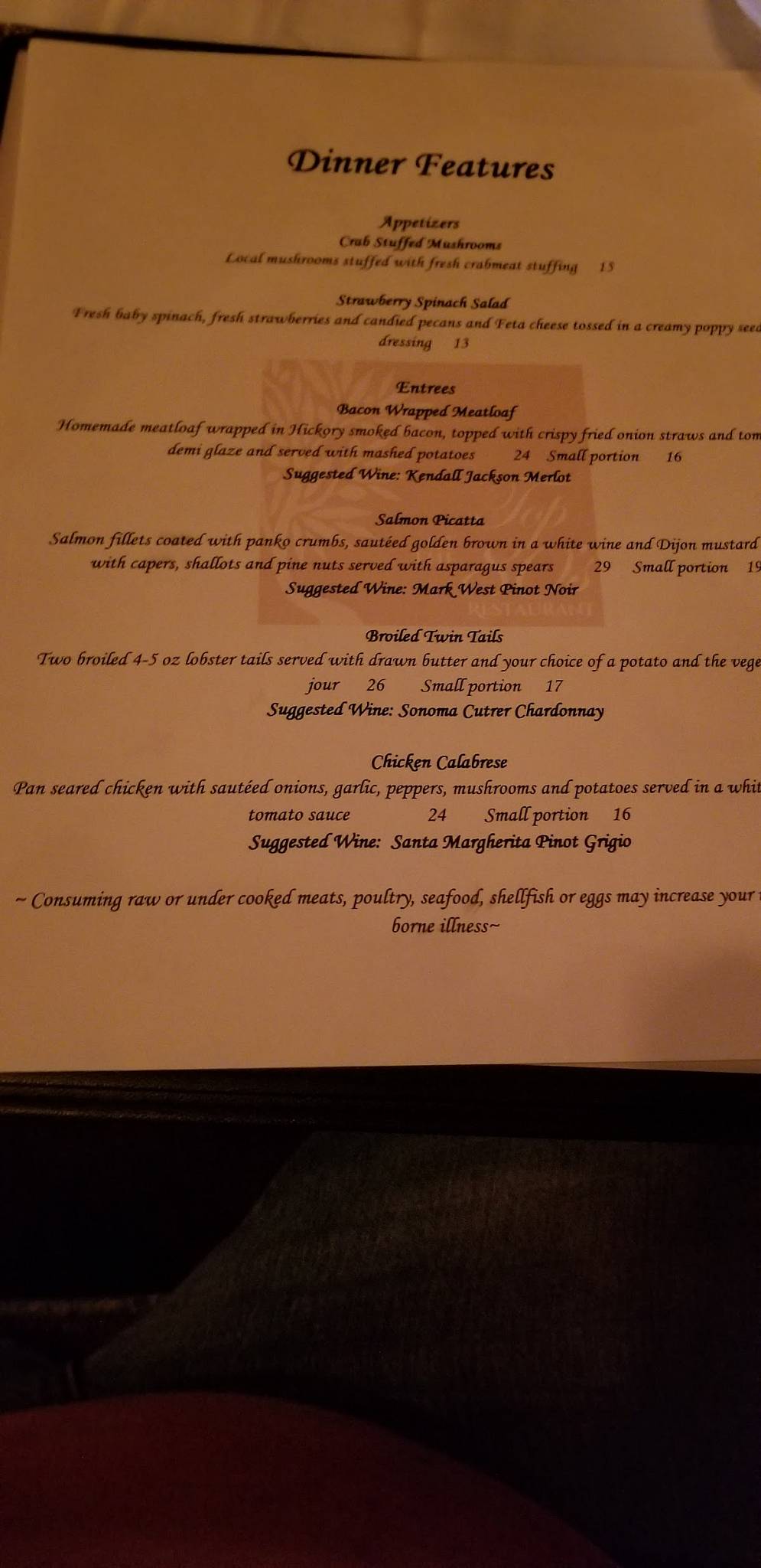 Menu at Top of the 80's restaurant, West Hazleton