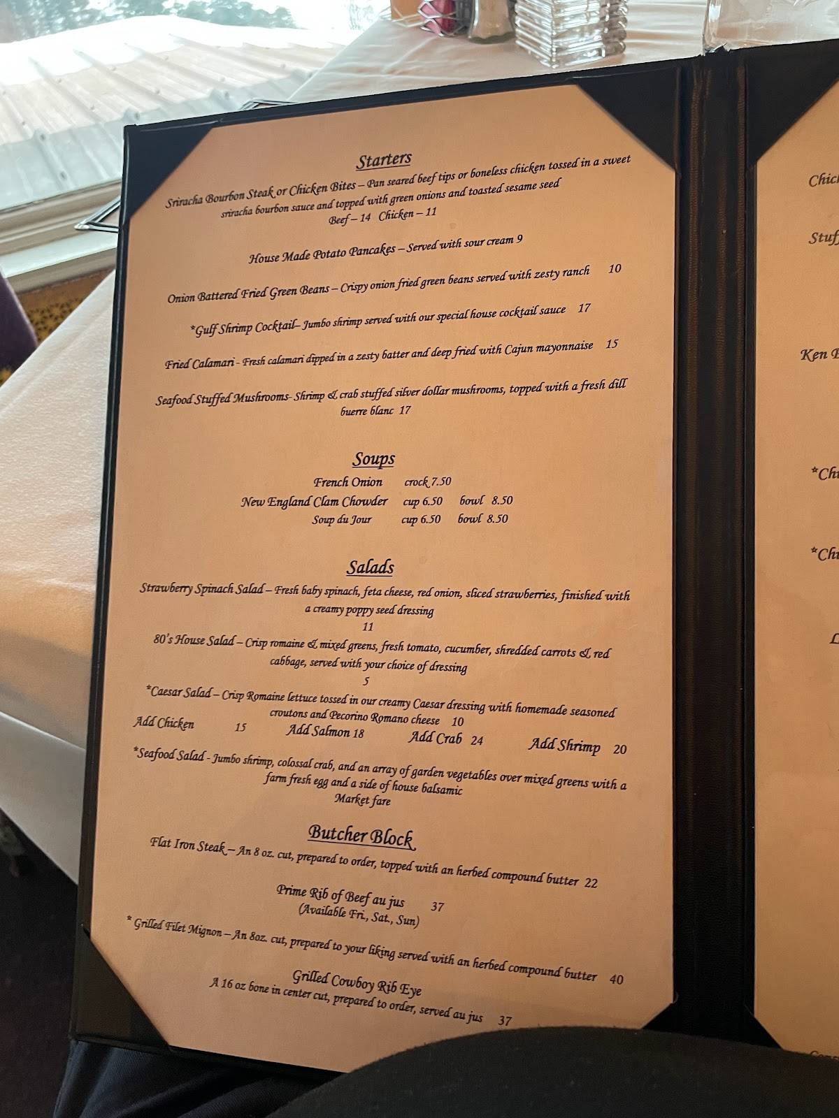 Menu at Top of the 80's restaurant, West Hazleton