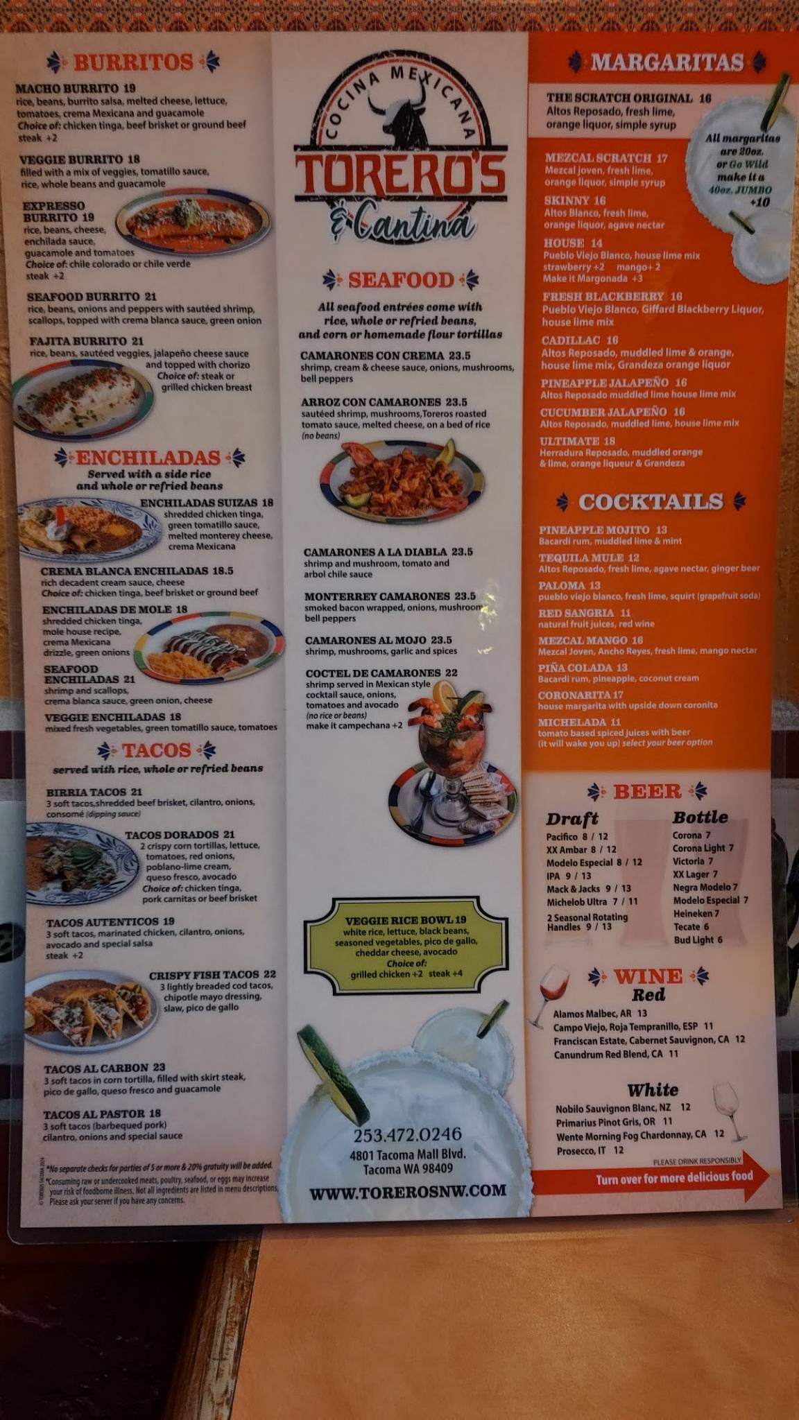 Menu at Torero’s Mexican Restaurant & Cantina – Tacoma, Tacoma, Tacoma ...