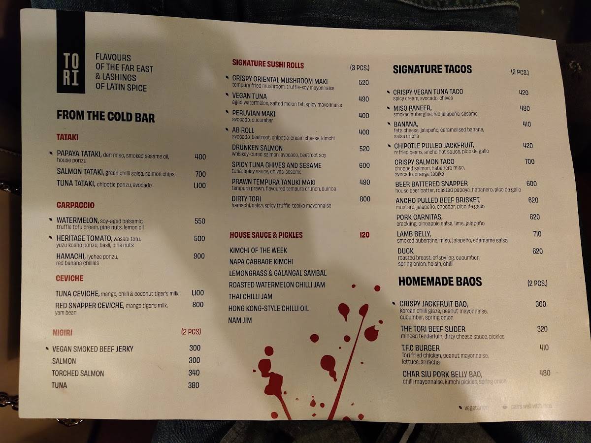 Menu at Torii, Mumbai