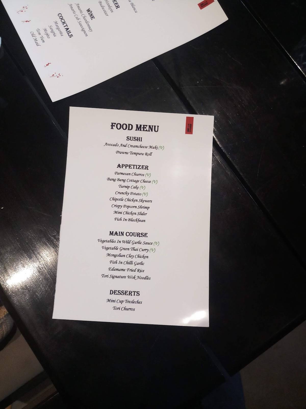 Menu at Torii, Mumbai