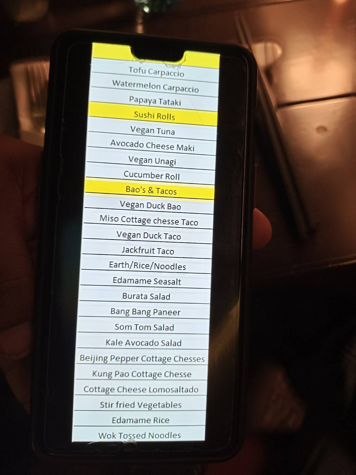 Menu at Torii, Mumbai