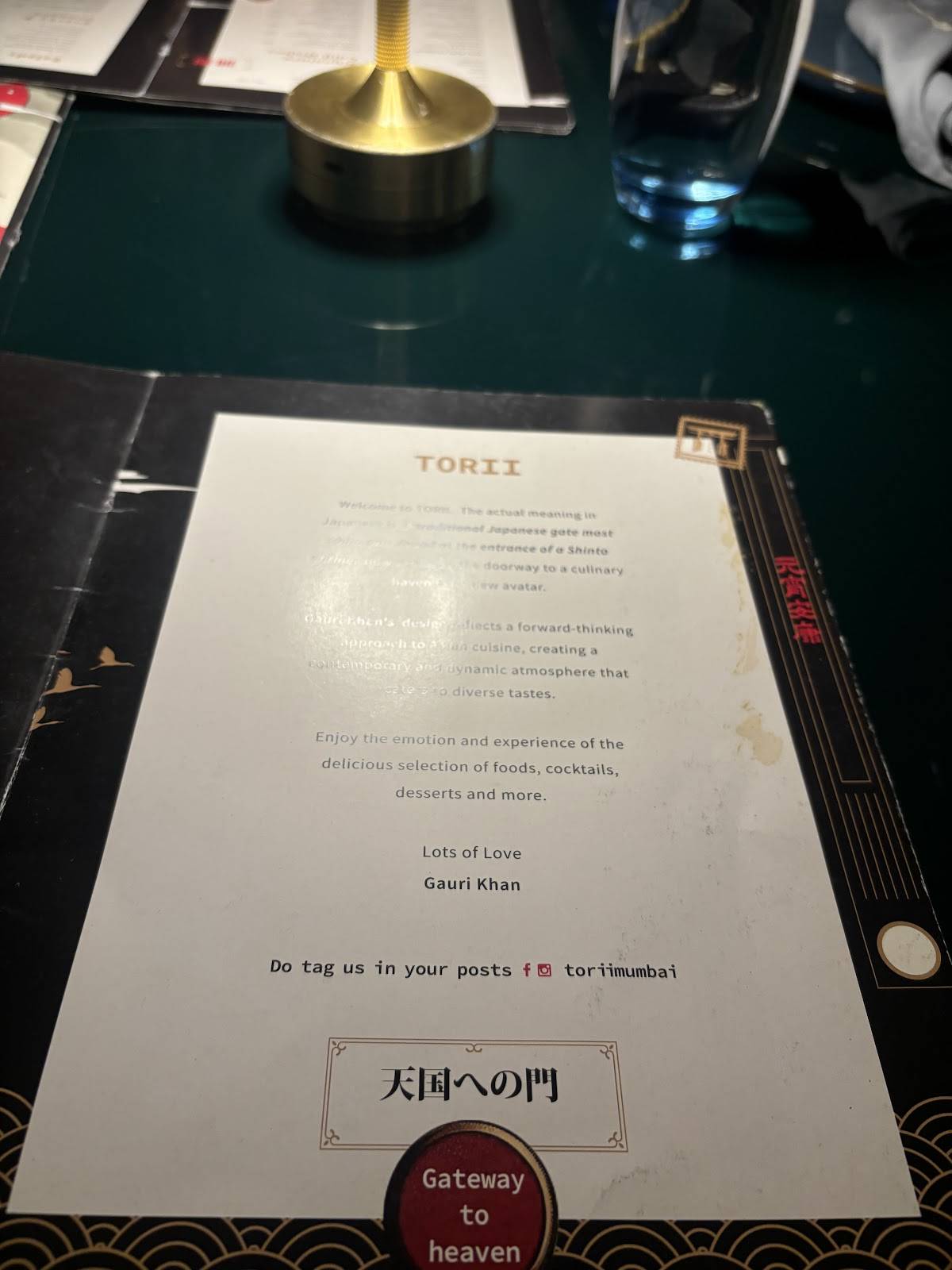 Menu at Torii, Mumbai