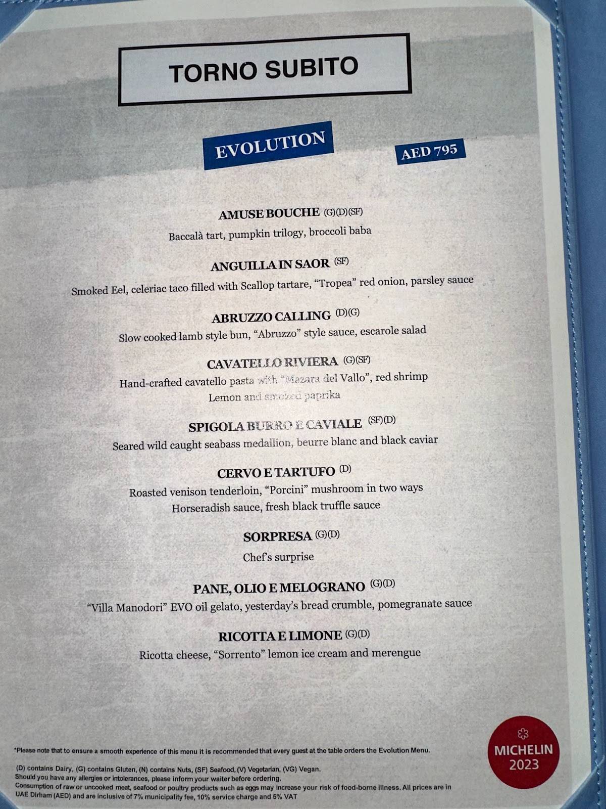 Menu at Torno Subito restaurant, Dubai, +3Q2