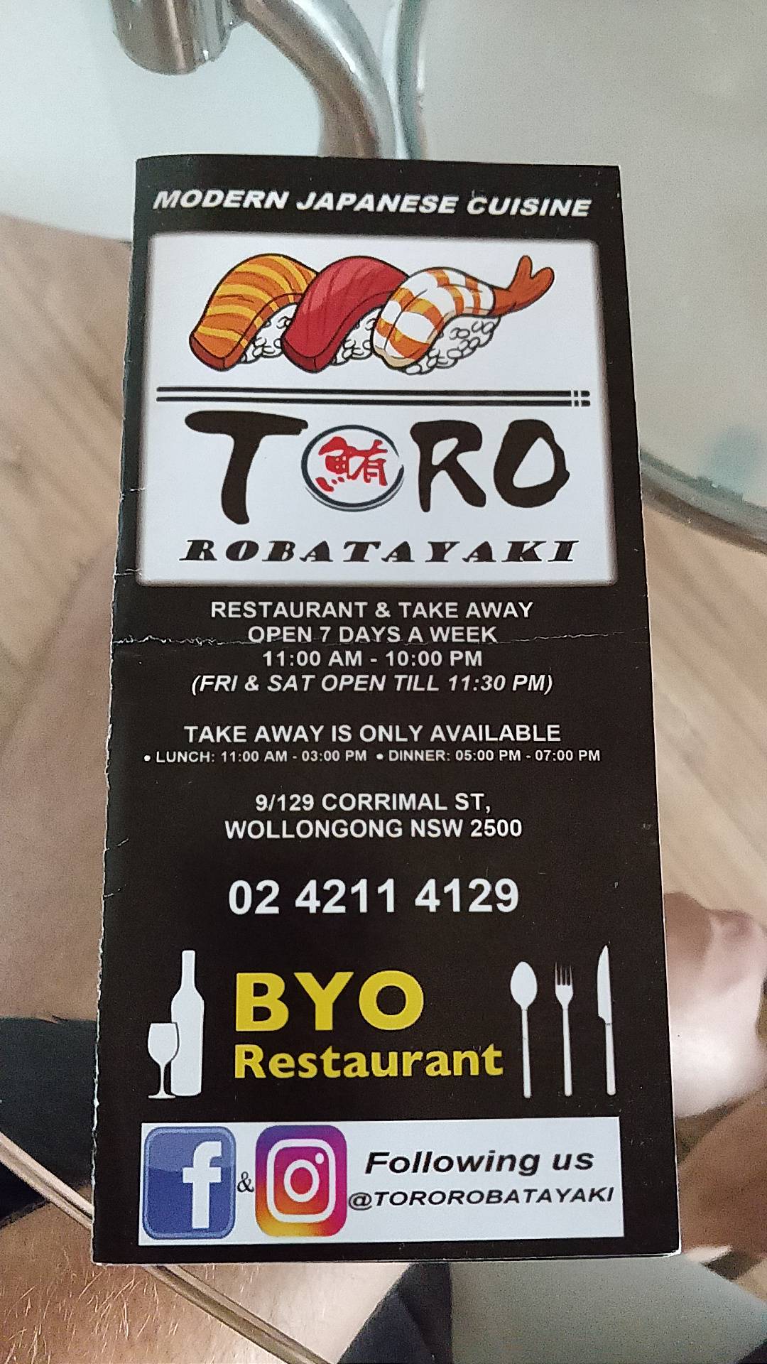 Menu at Toro Robata Sushi restaurant, Wollongong