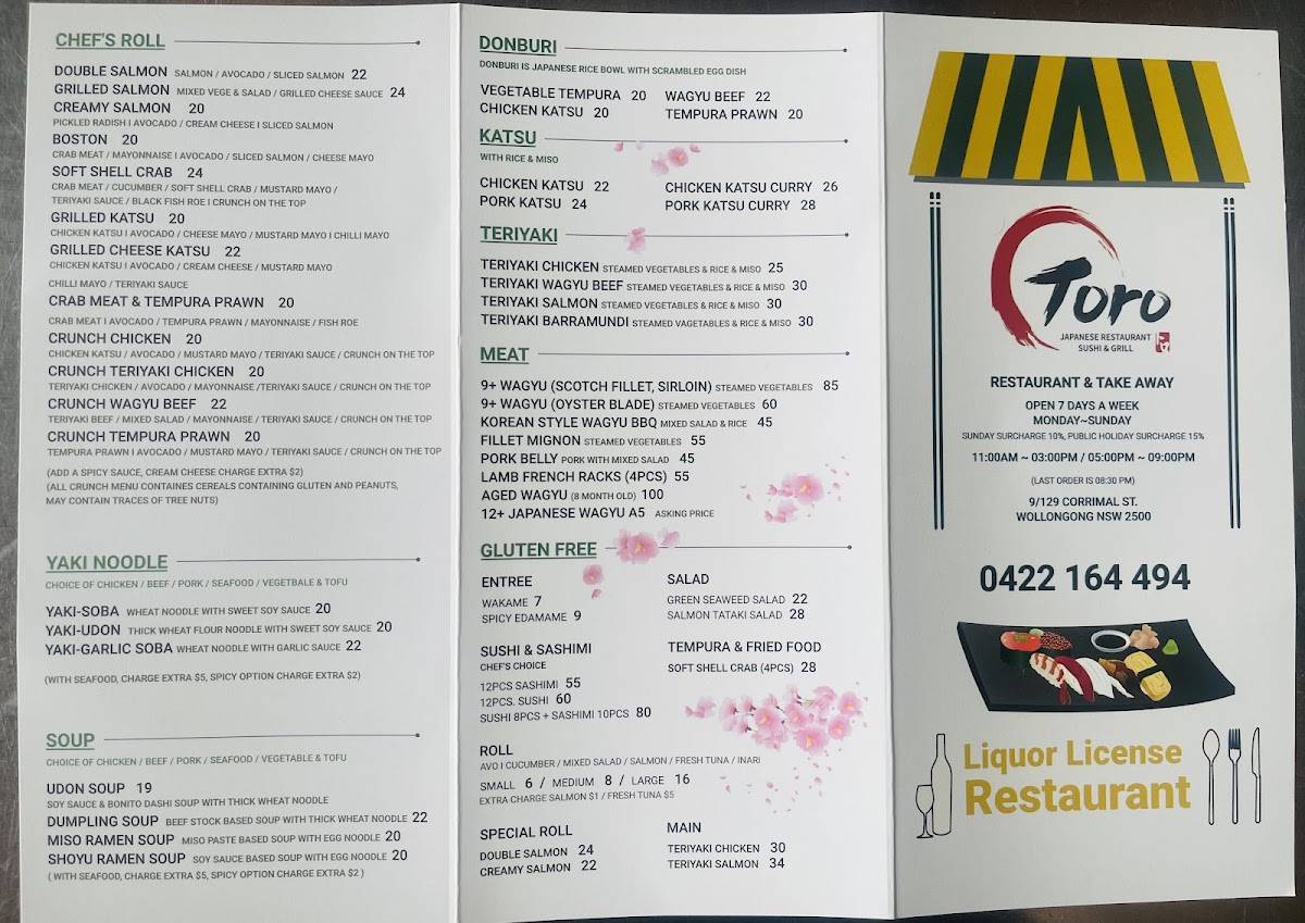 Menu at Toro Robata Sushi restaurant, Wollongong