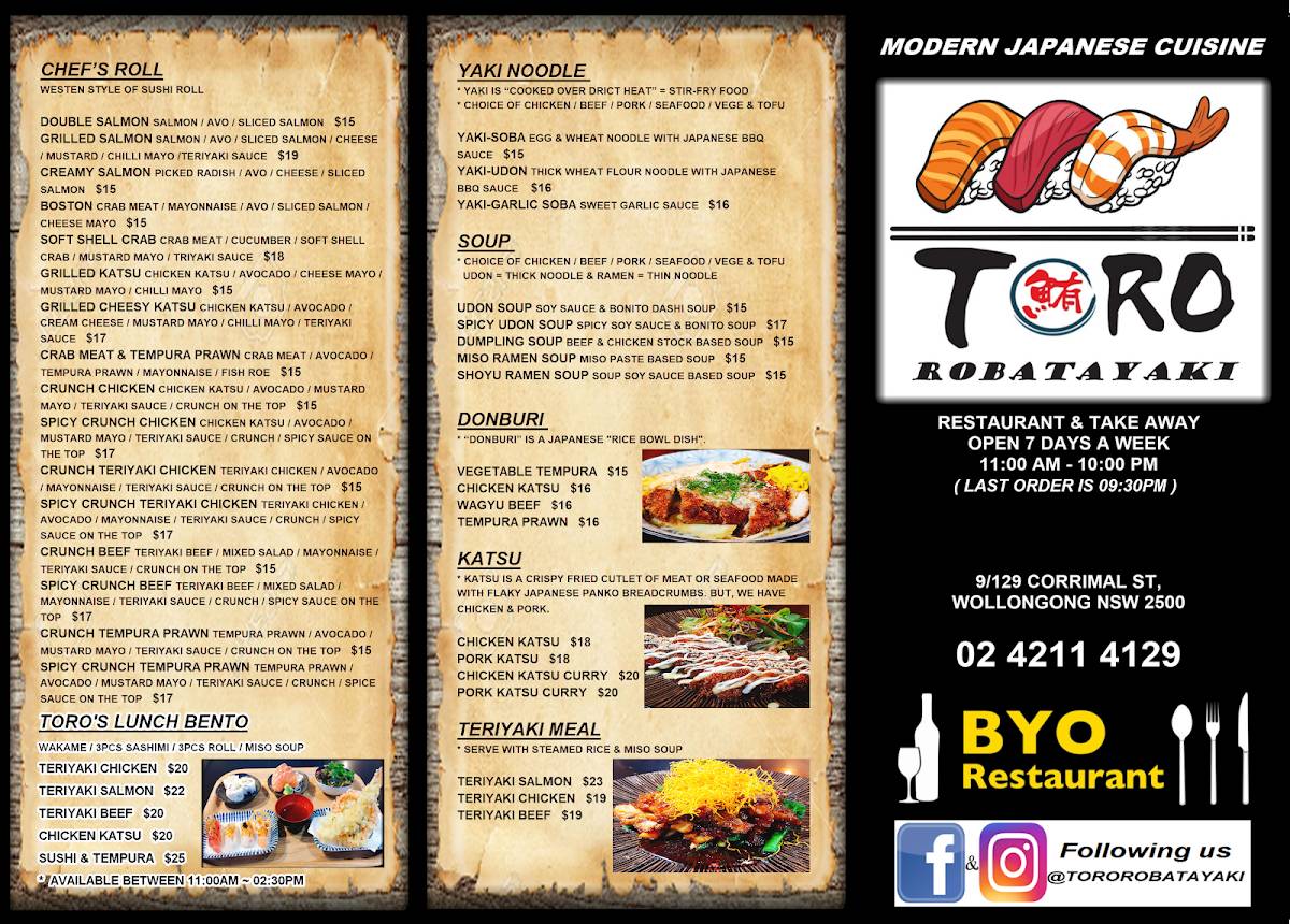 Menu at Toro Robata Sushi restaurant, Wollongong