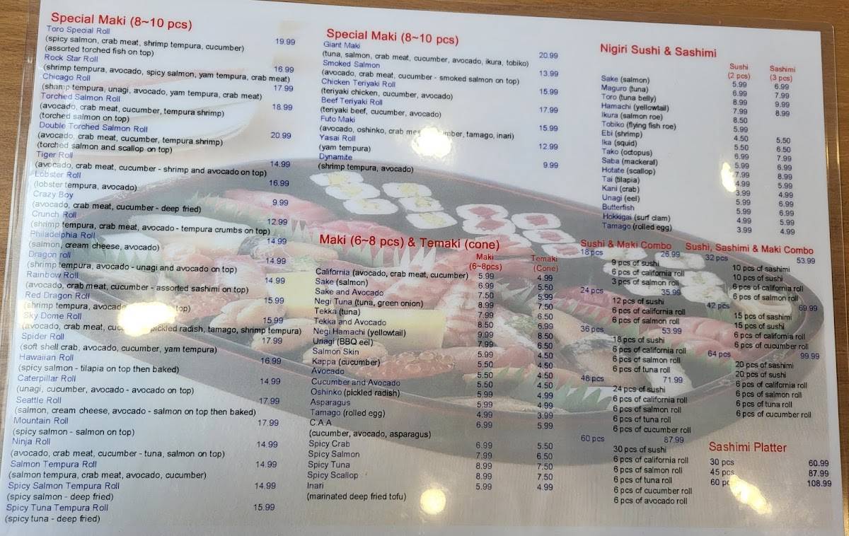 Menu at Toro Sushi Restaurant, Belleville