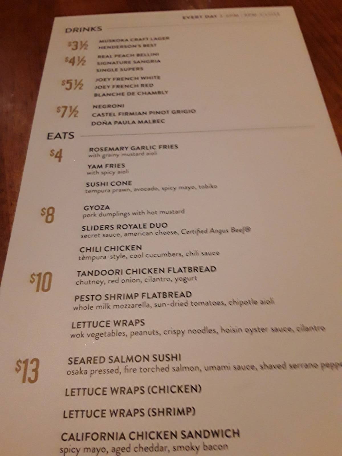 Menu at JOEY Don Mills steakhouse, Toronto, 75 O'Neill Rd