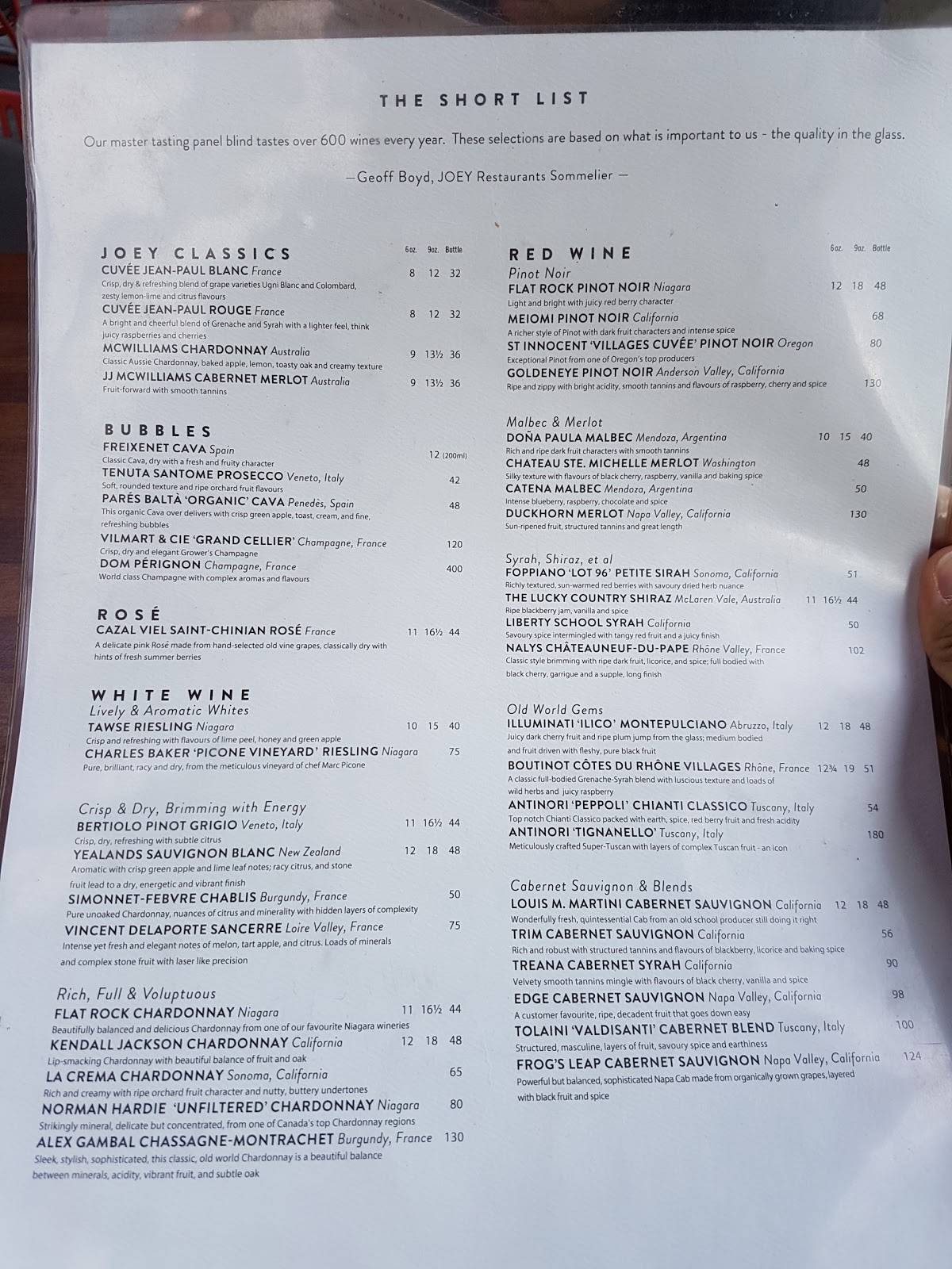 Menu at JOEY Don Mills steakhouse, Toronto, 75 O'Neill Rd