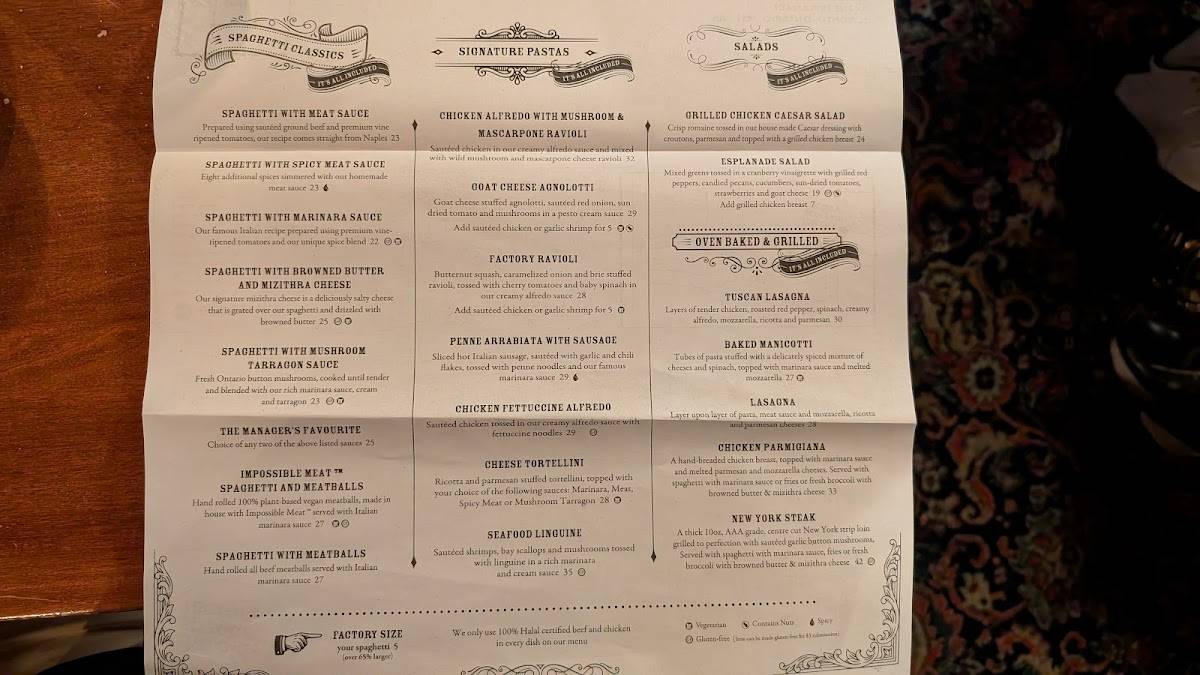 Menu at The Old Spaghetti Factory restaurant, Toronto, 54 The Esplanade