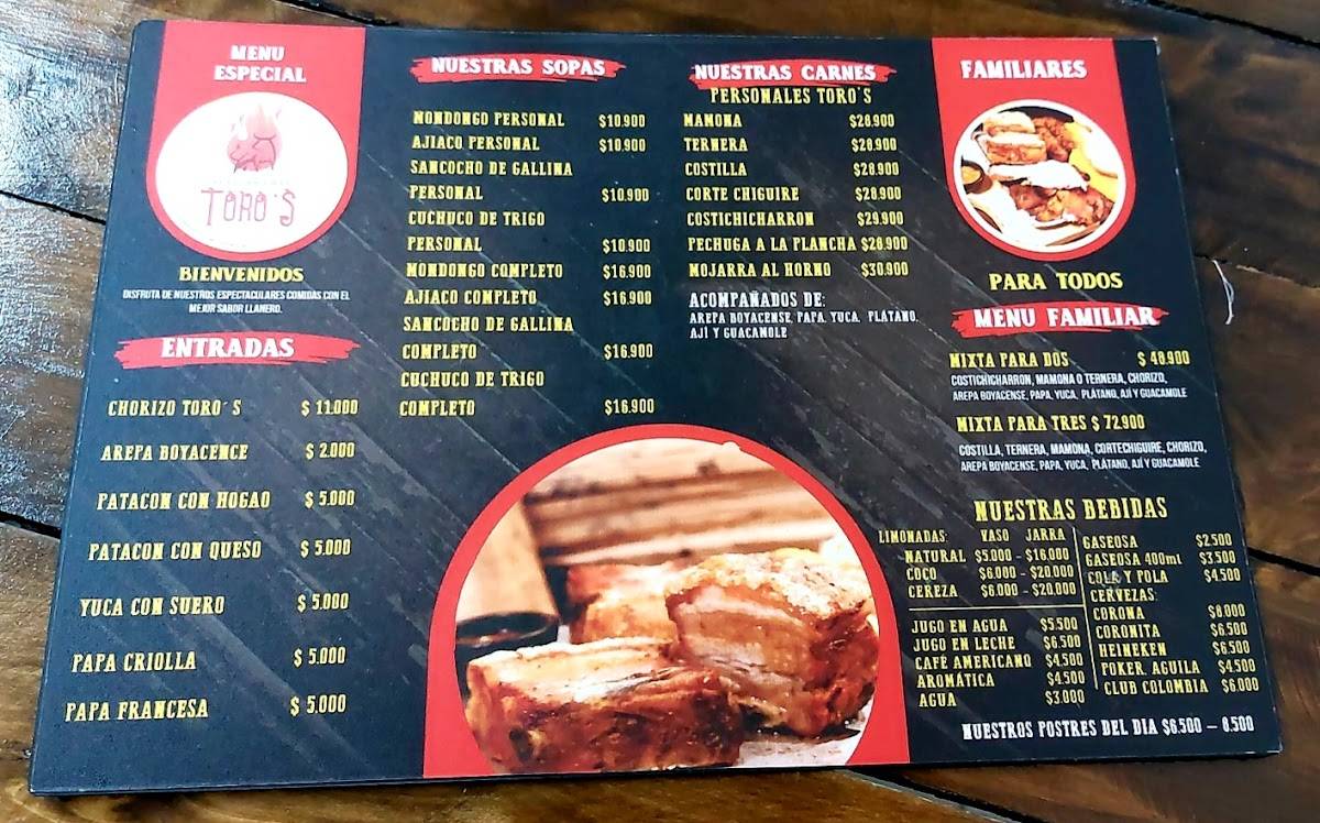 Menu at Toros restaurant, Bogotá
