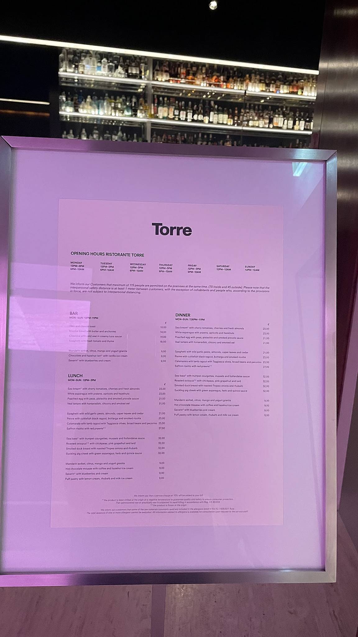 Menu at Torre restaurant, Milan
