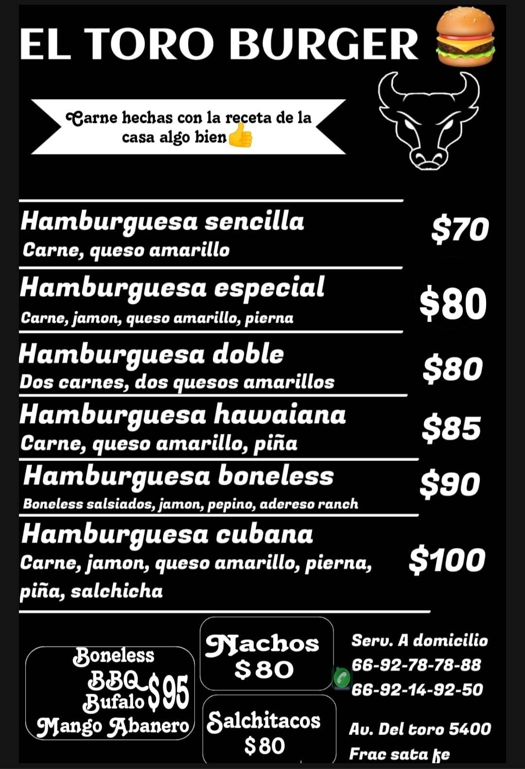 Menu at Tortas el toro restaurant, Mazatlán