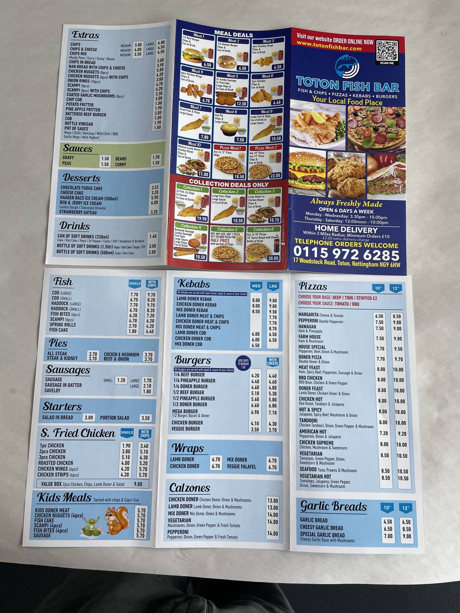 Menu at Toton Fish Bar, Toton