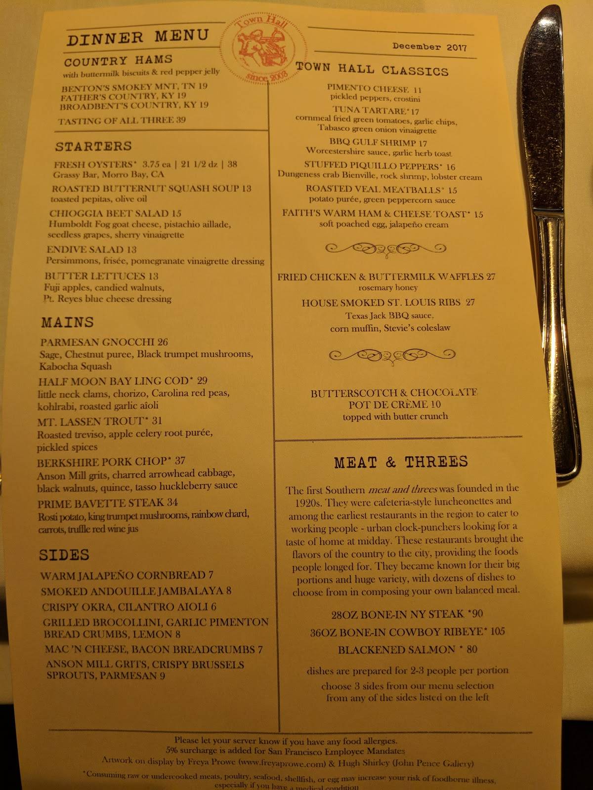 Menu at Town Hall Restaurant, San Francisco