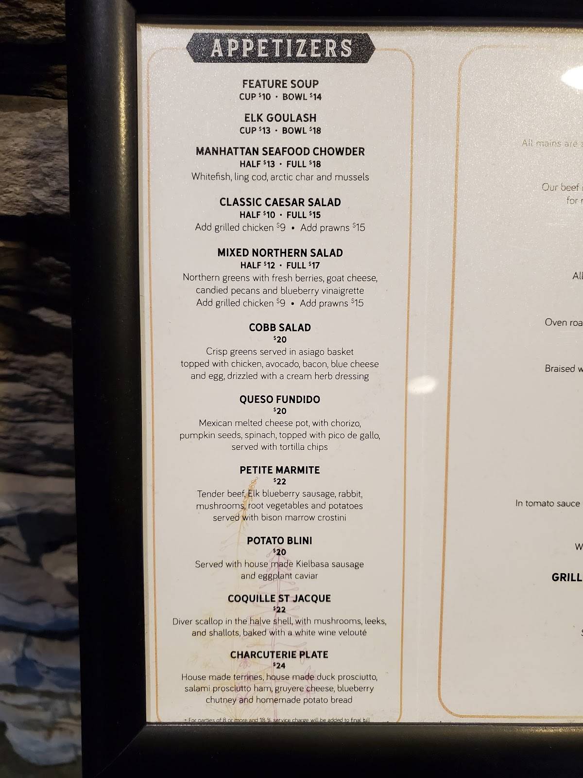 Menu at Trader’s Grill restaurant, Yellowknife