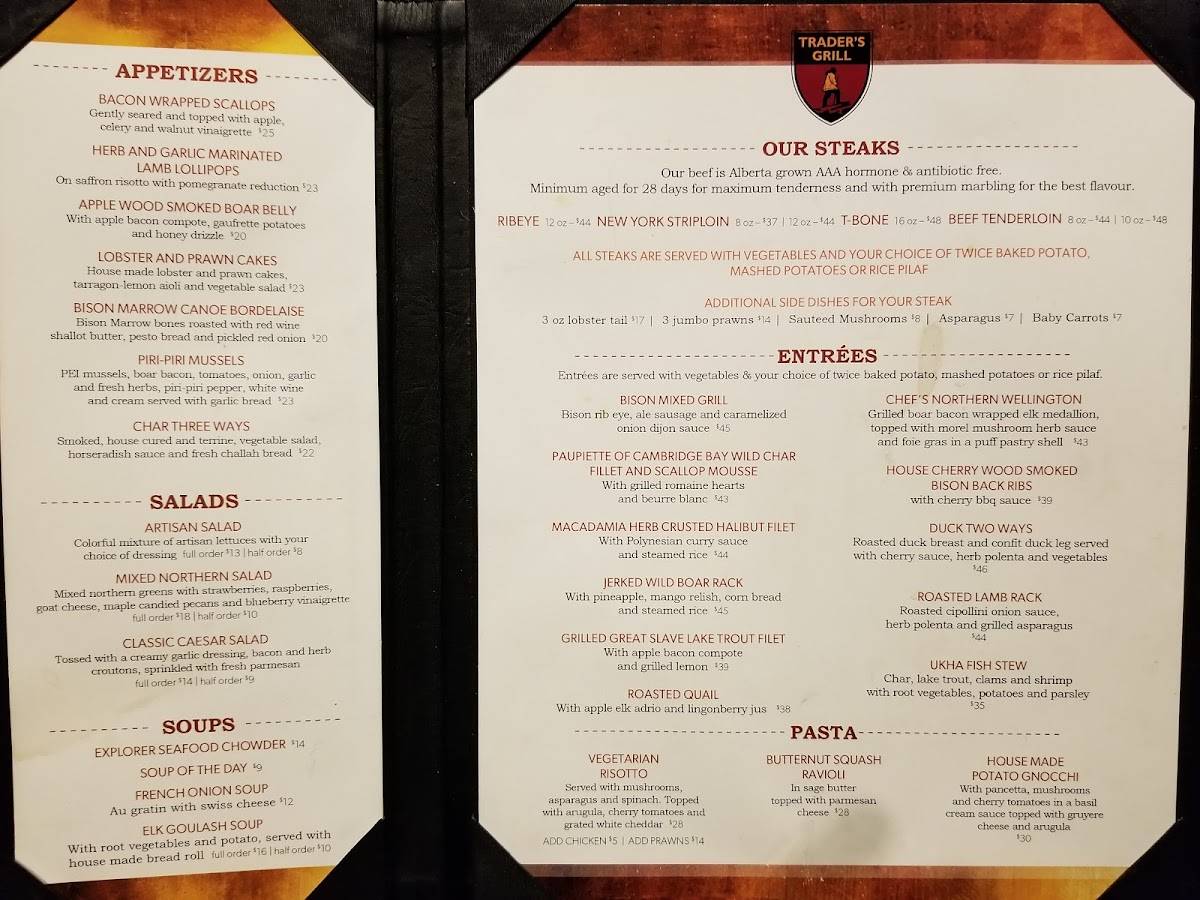 Menu at Trader’s Grill restaurant, Yellowknife