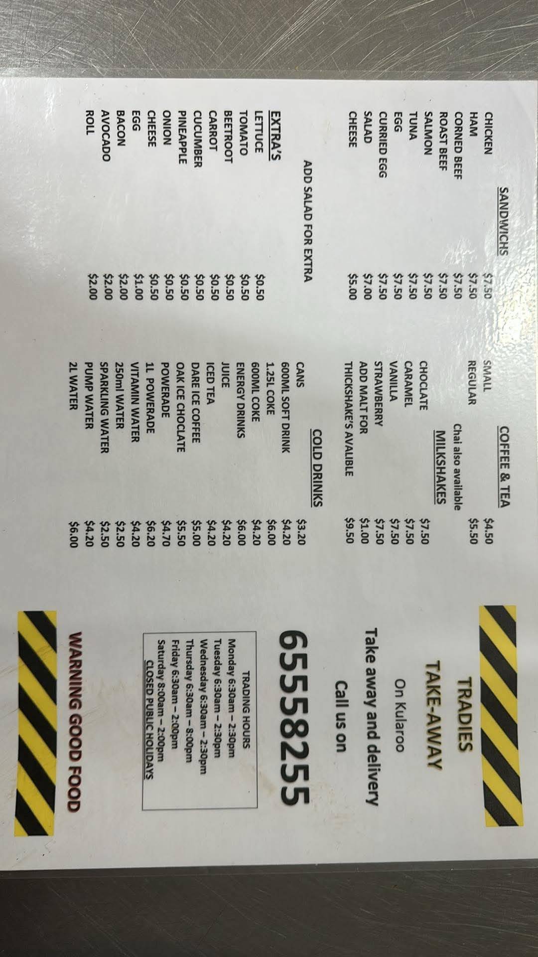 Menu at Tradies Takeaway on Kularoo fast food, Forster