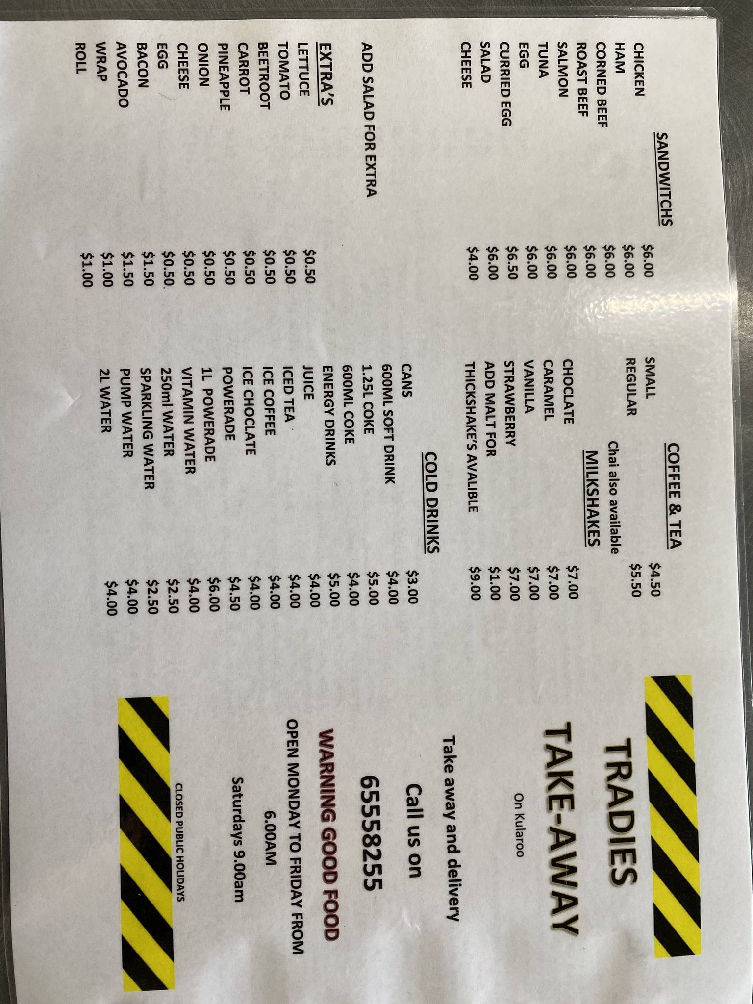 Menu at Tradies Takeaway on Kularoo fast food, Forster