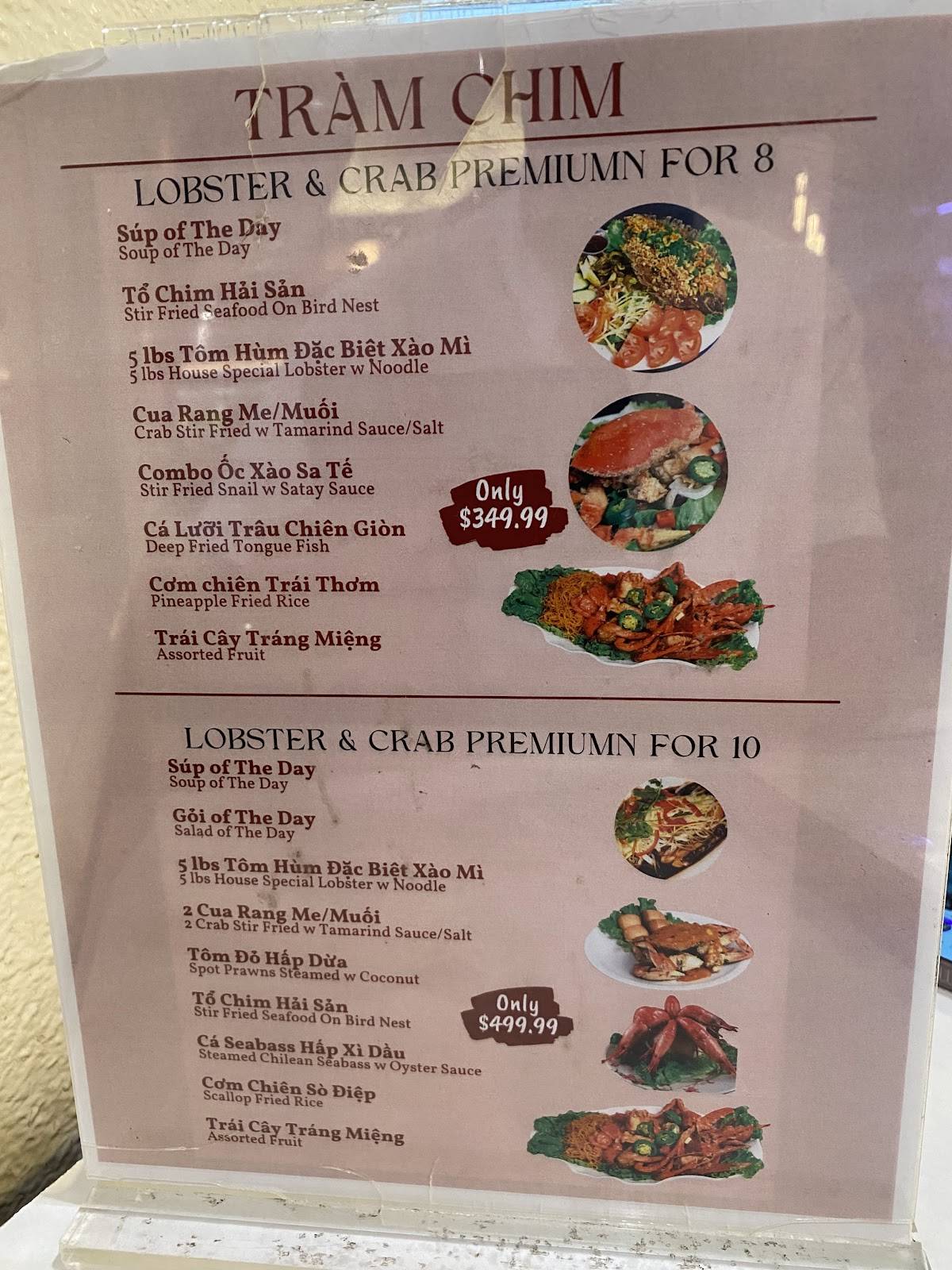 Menu at Tràm Chim Fresh Seafood restaurant, Westminster, Bolsa Ave Ste B